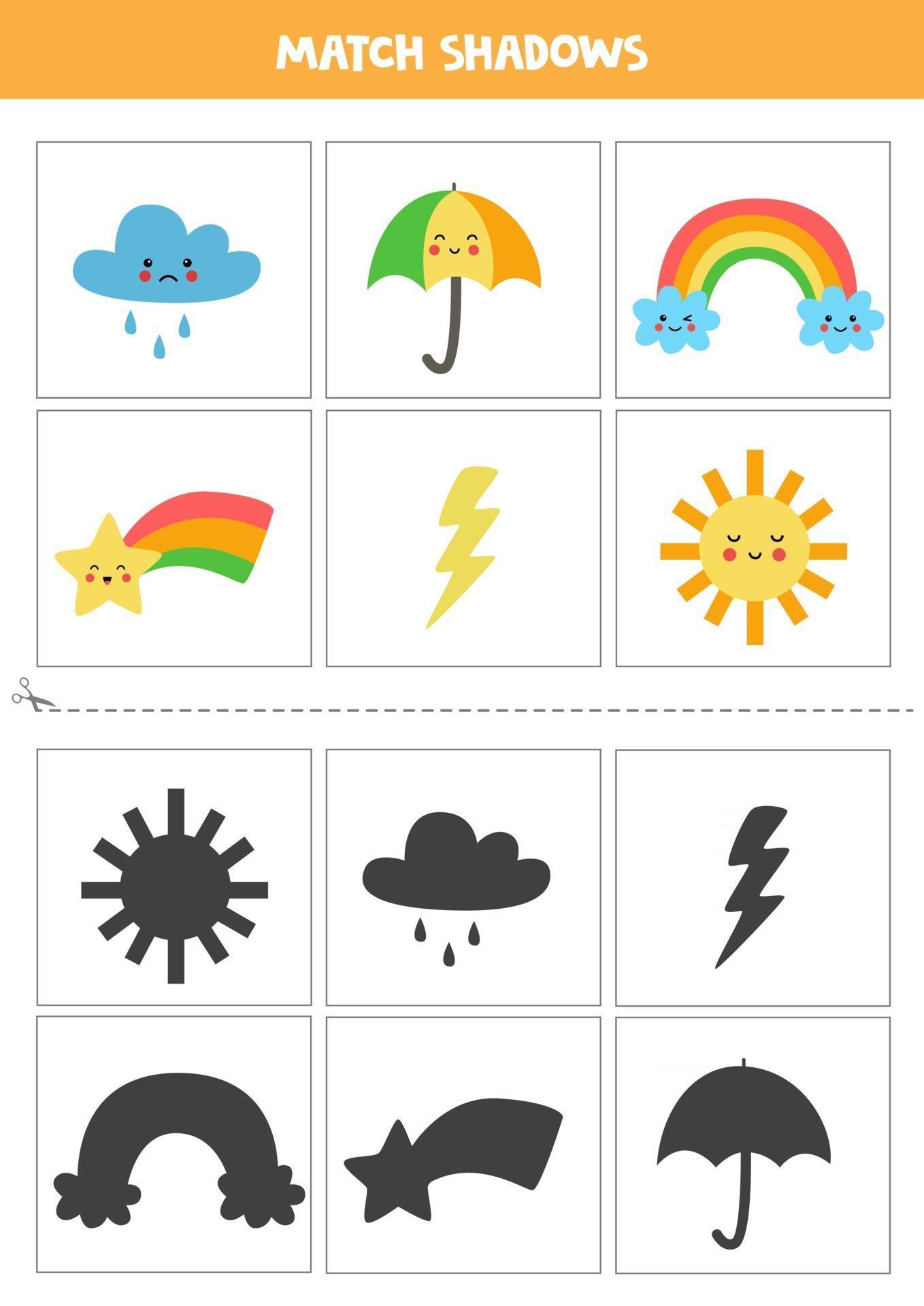 Find shadows of cute weather phenomena. Cards for kids. 2729983 Vector ...