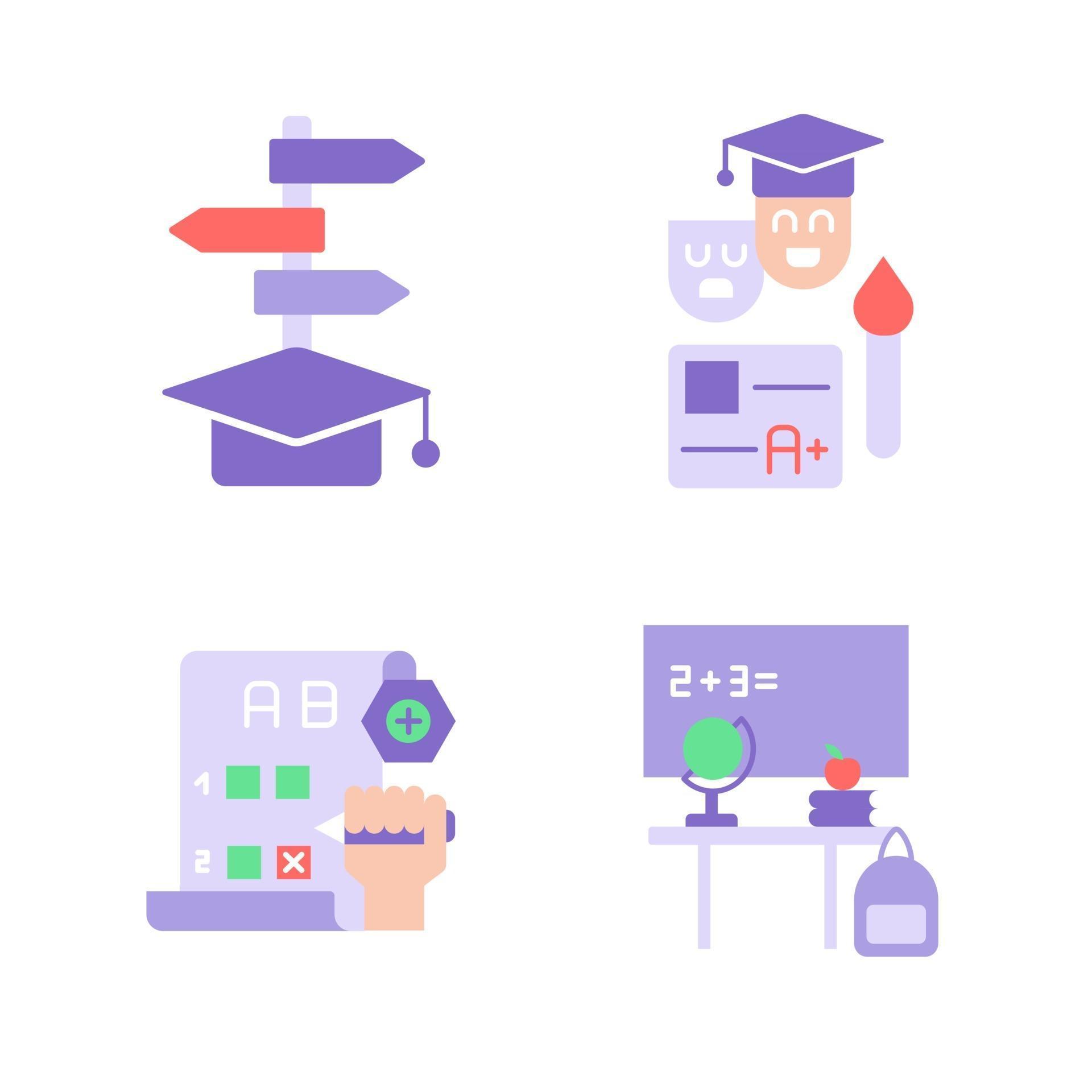 Skill improvement with education vector flat color icon set. Studying ... Skill improvement with education vector flat color icon set. Studying ...