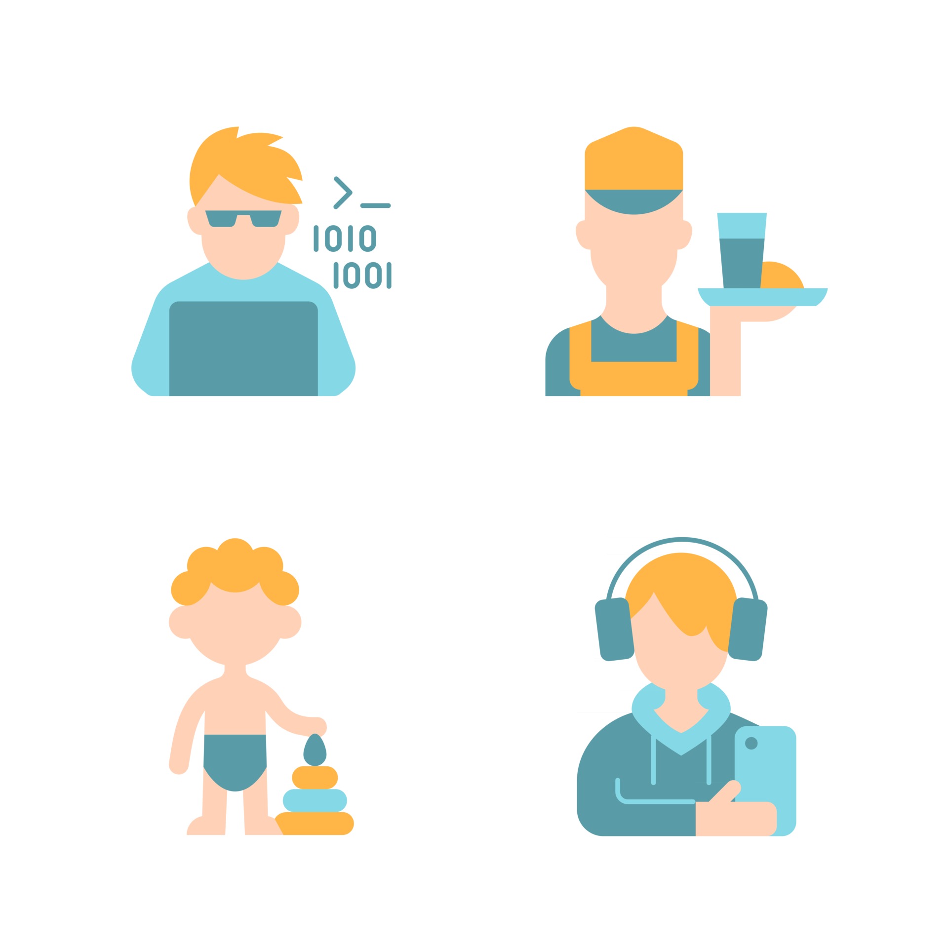 Different ages of man vector flat color icon set. Programmer, computer ... Different ages of man vector flat color icon set. Programmer, computer ...