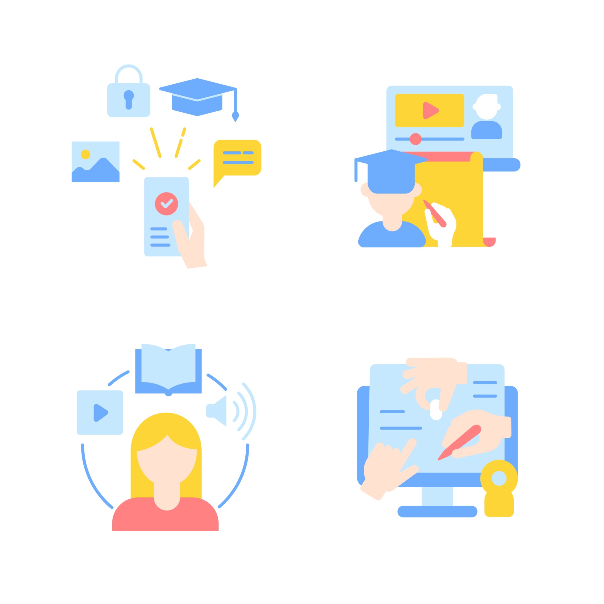 E learning vector flat color icon set. Skill development resources ...
