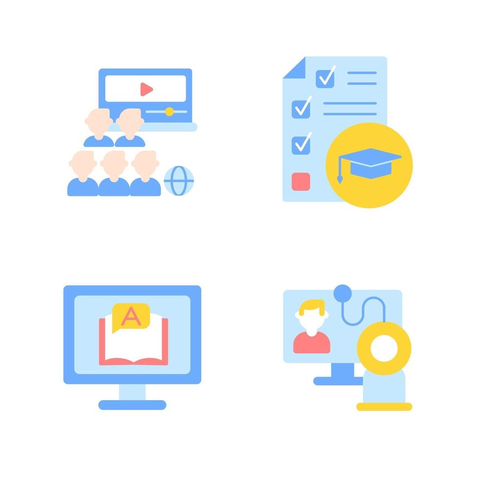 Online education vector flat color icon set. Skill development with ...
