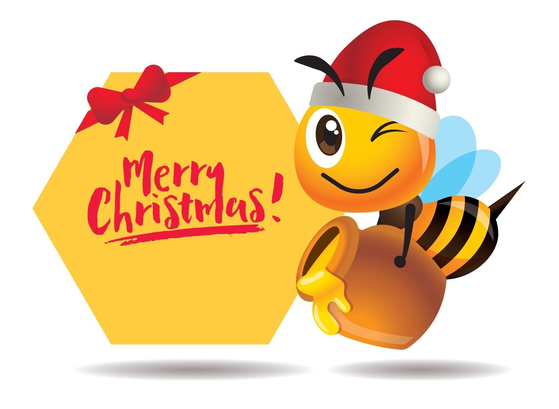 Merry Christmas. Cartoon cute bee carries honey pot with big Merry ...