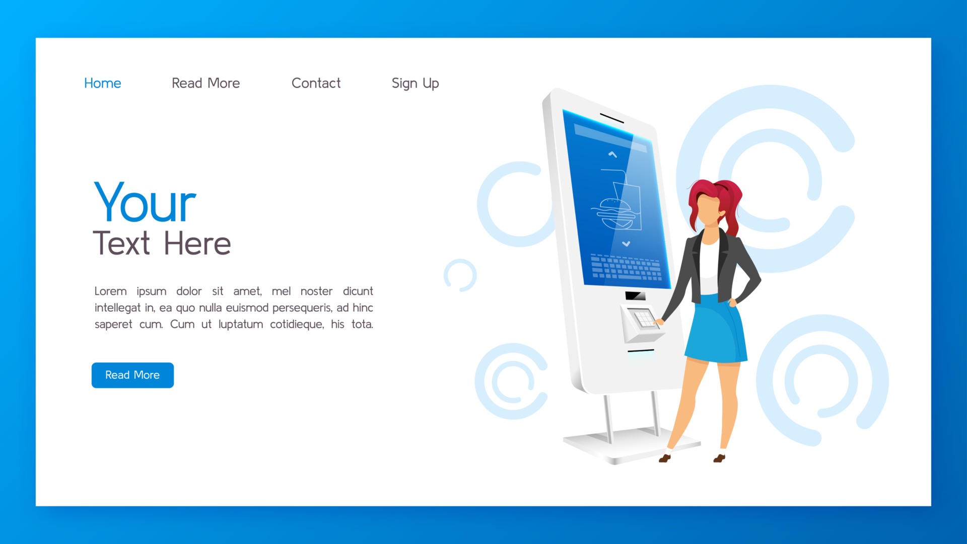 Self order kiosk landing page vector template. Restaurant touchscreen panel website interface ...