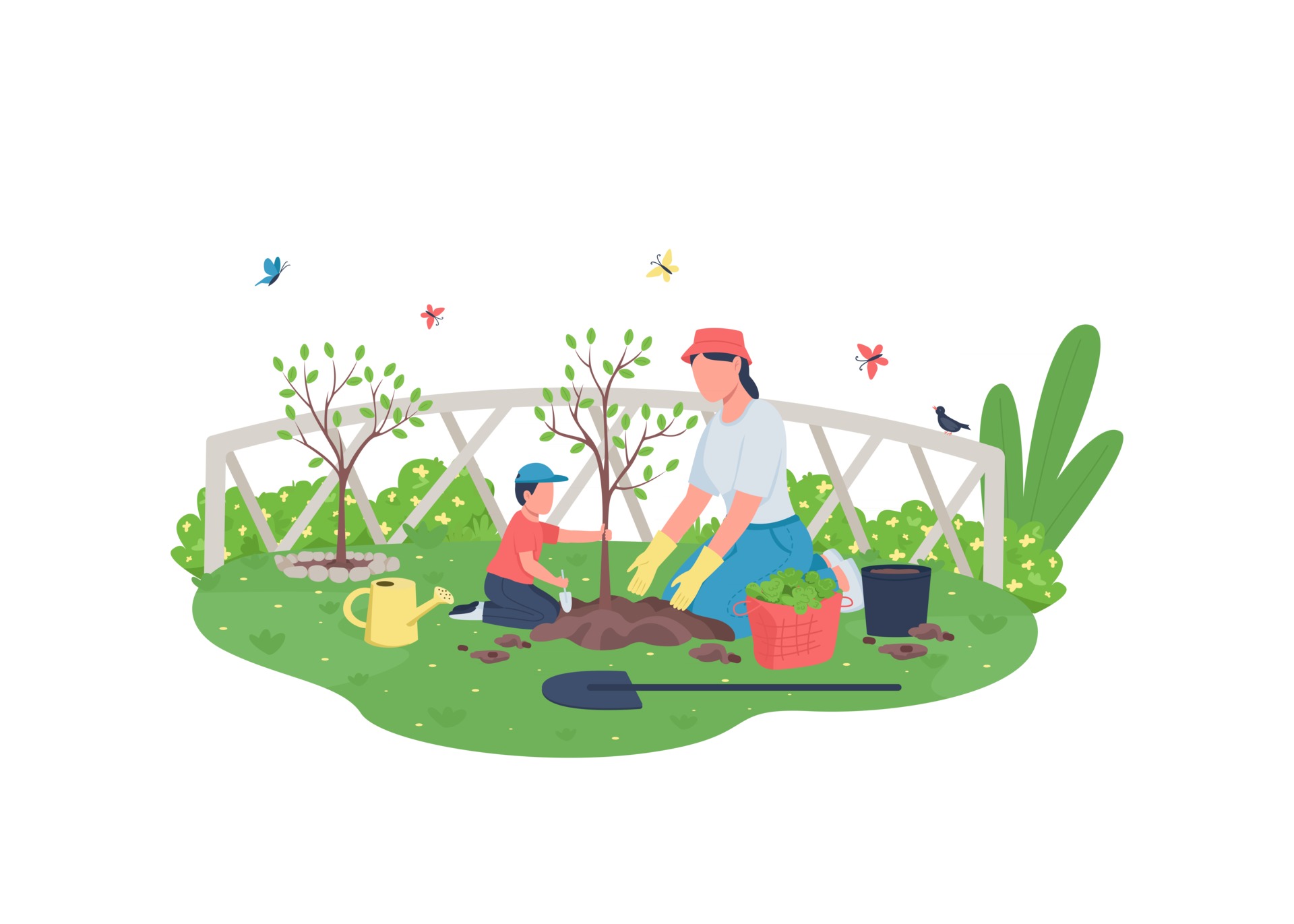 Mother with child planting tree flat color vector faceless characters ... Mother with child planting tree flat color vector faceless characters ...