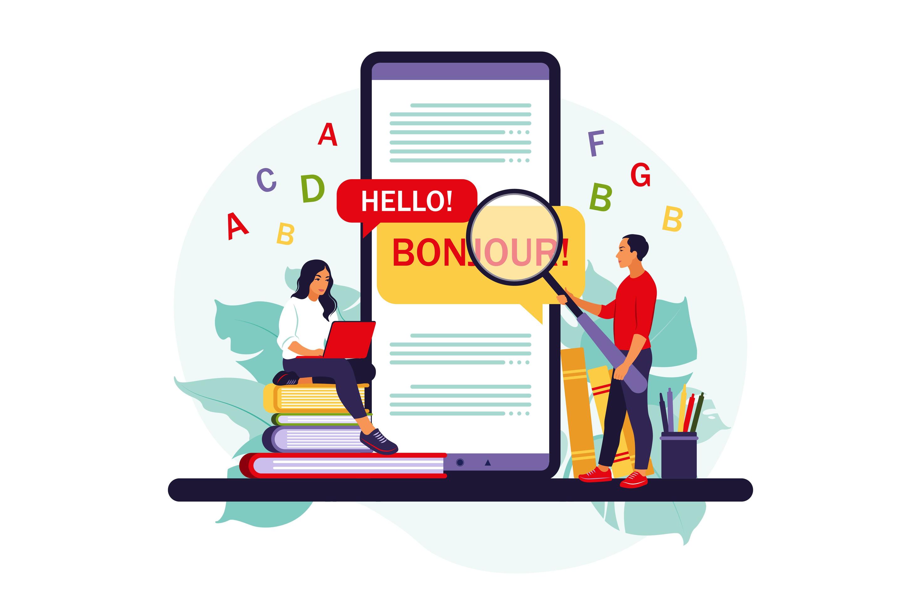 Translating app on mobile phone. People using online translation ...