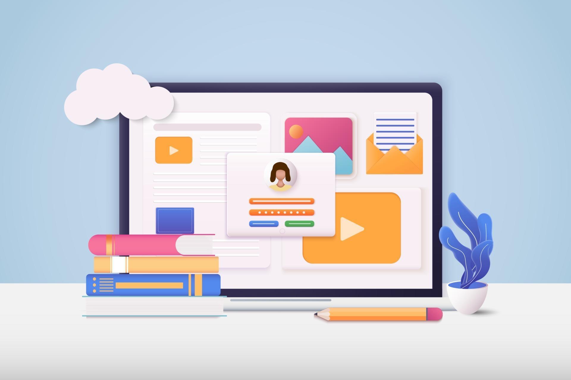 3D Web Illustrations. Computer and account login and password form page ...