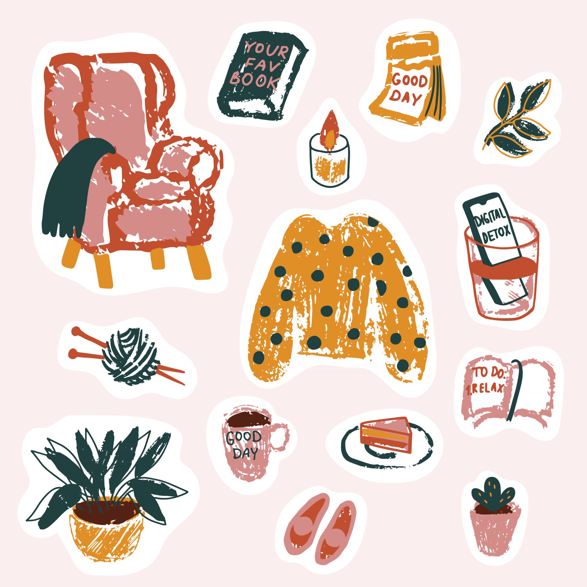 Set Of Cozy Hand-drawn Stickers With Lots Of Texture 2795611 Vector Art