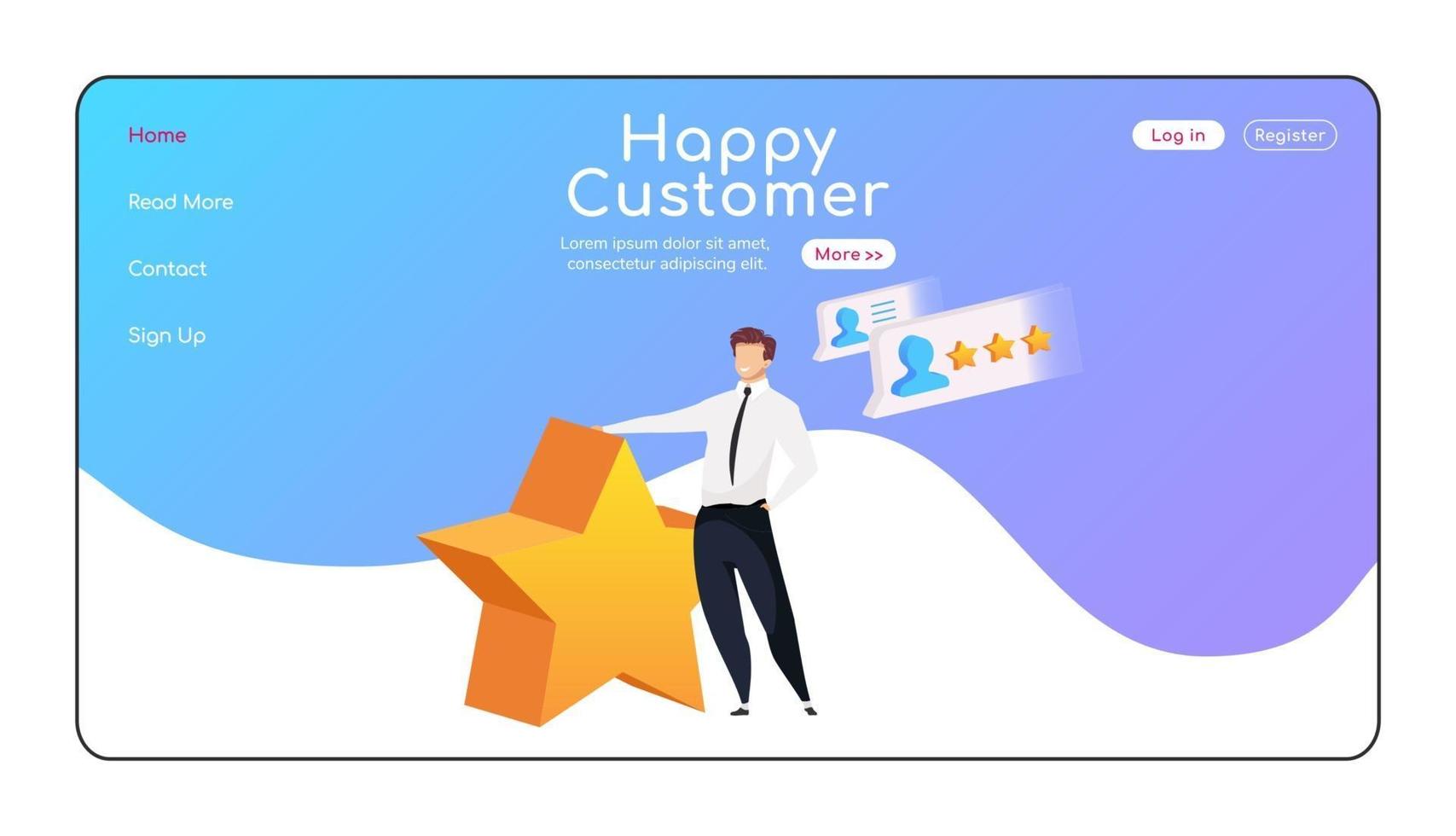 Happy customer landing page flat color vector template. Businessman ...