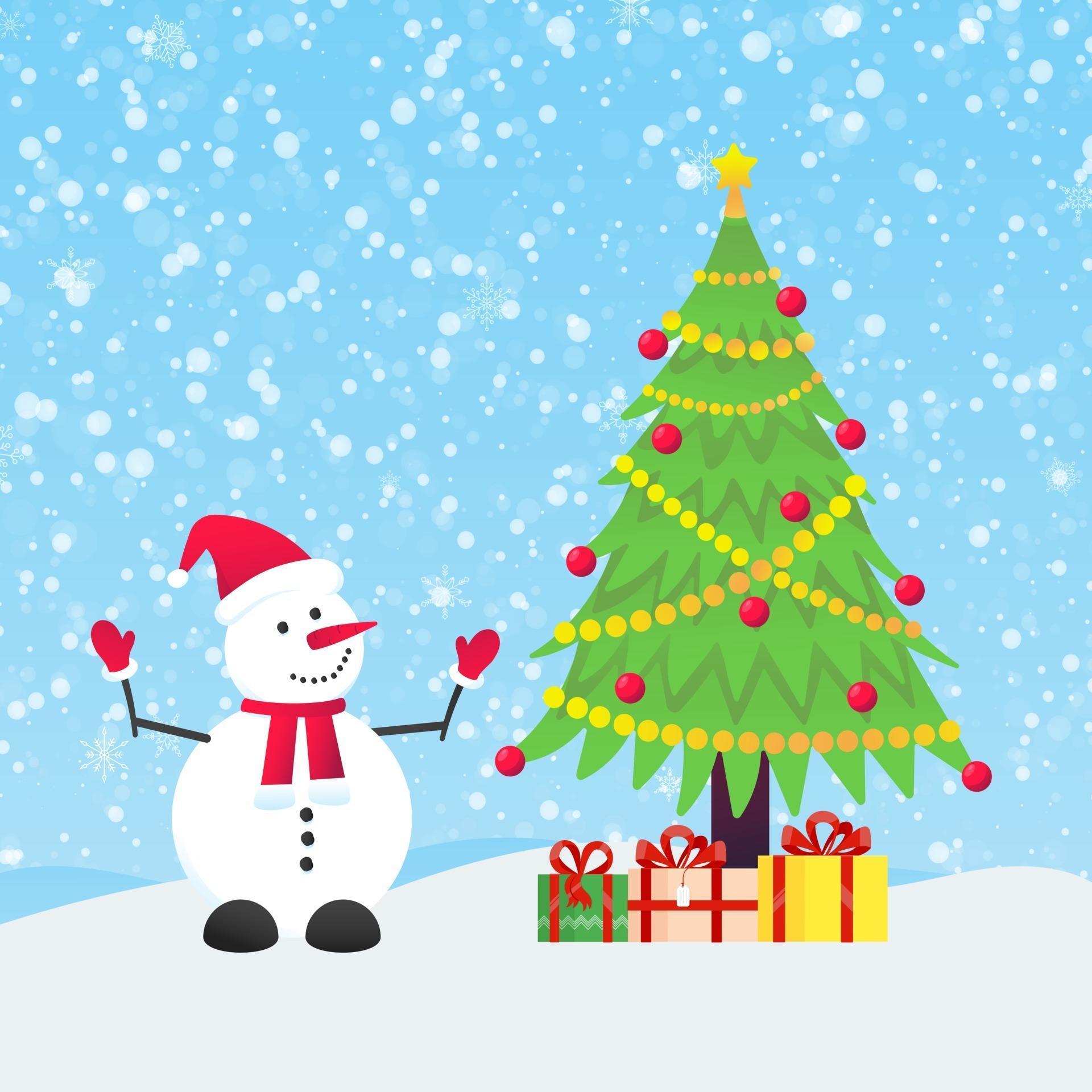 Snowman With Christmas Tree Fir And Present Ts With Falling Snow 2815160 Vector Art At Vecteezy