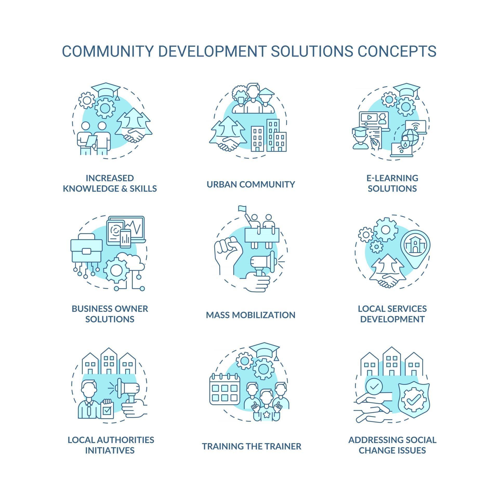 Community development solutions concept icons set. Local authorities ...
