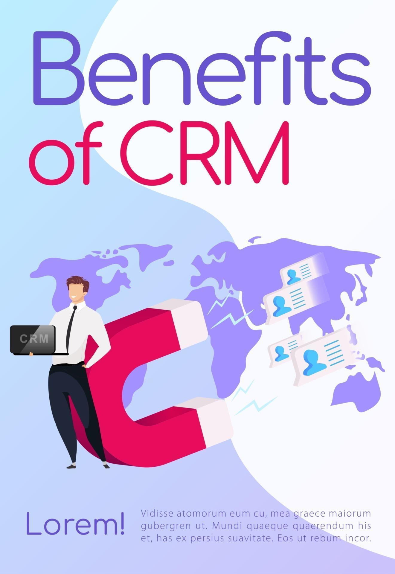 Benefits of CRM poster flat vector template. Businessman keeps laptop ... Benefits of CRM poster flat vector template. Businessman keeps laptop ...