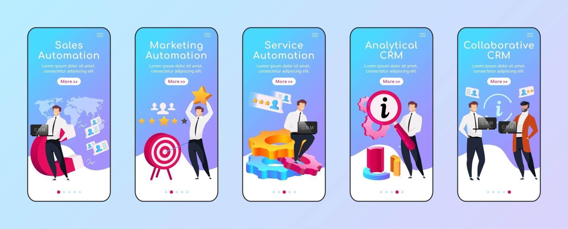 Crm Types And Advantages Onboarding Mobile App Screen Flat Vector Template Sales Automation