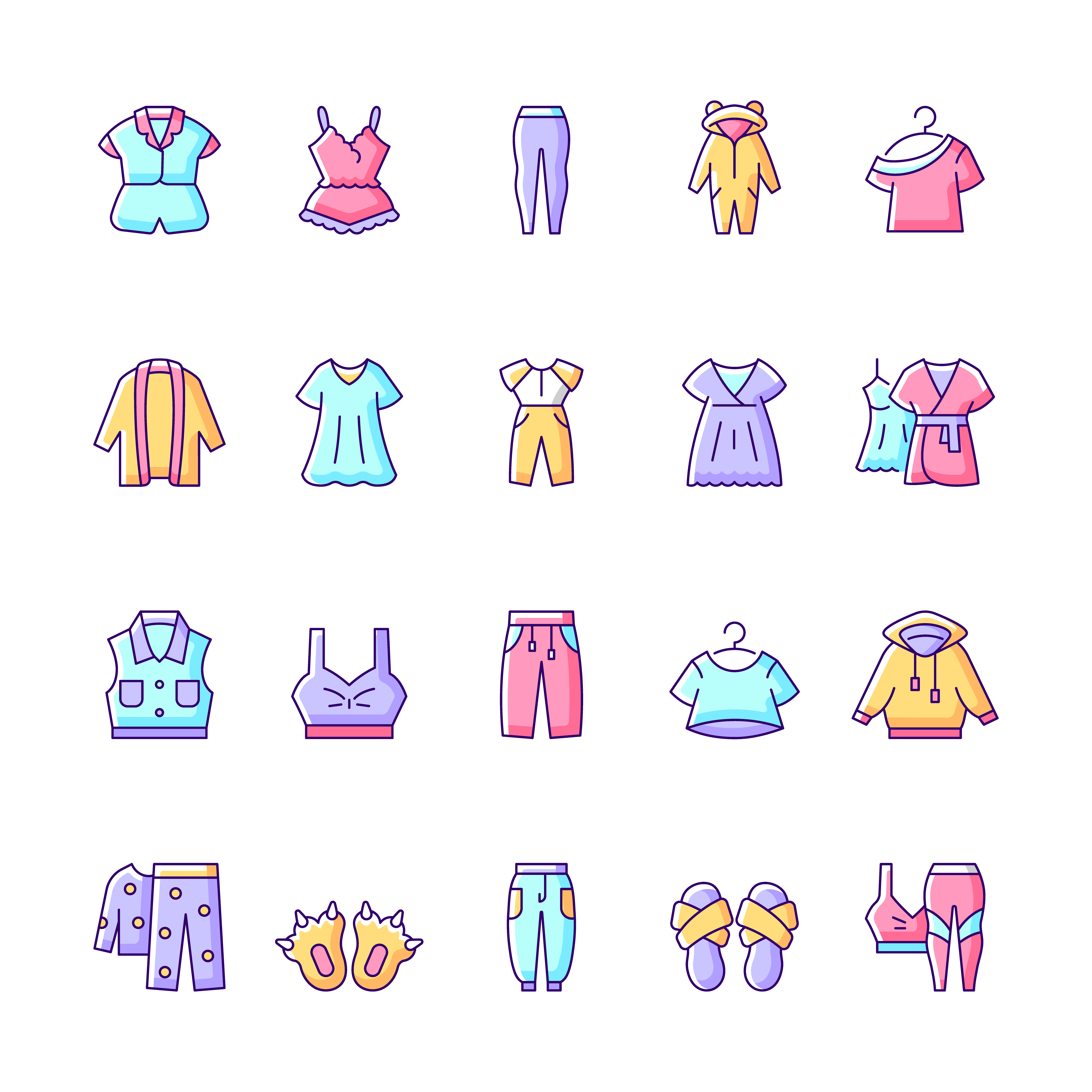 Comfortable homewear and sleepwear RGB color icons set. Female ... Comfortable homewear and sleepwear RGB color icons set. Female ...