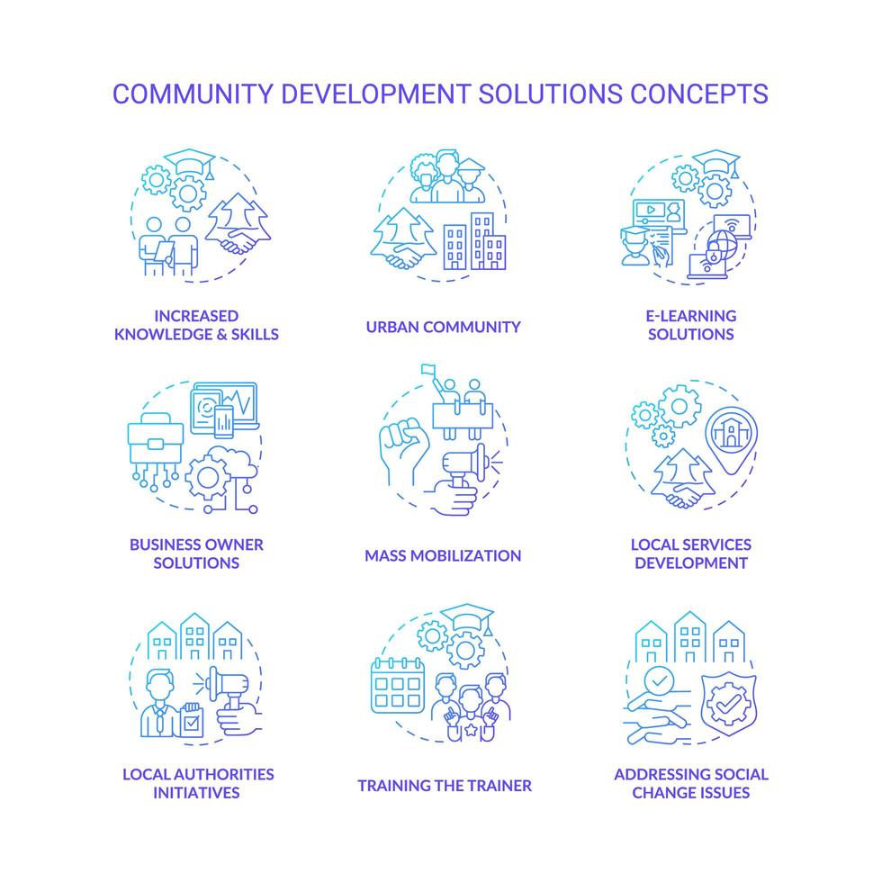 Community development solutions concept icons set. Addressing social ...