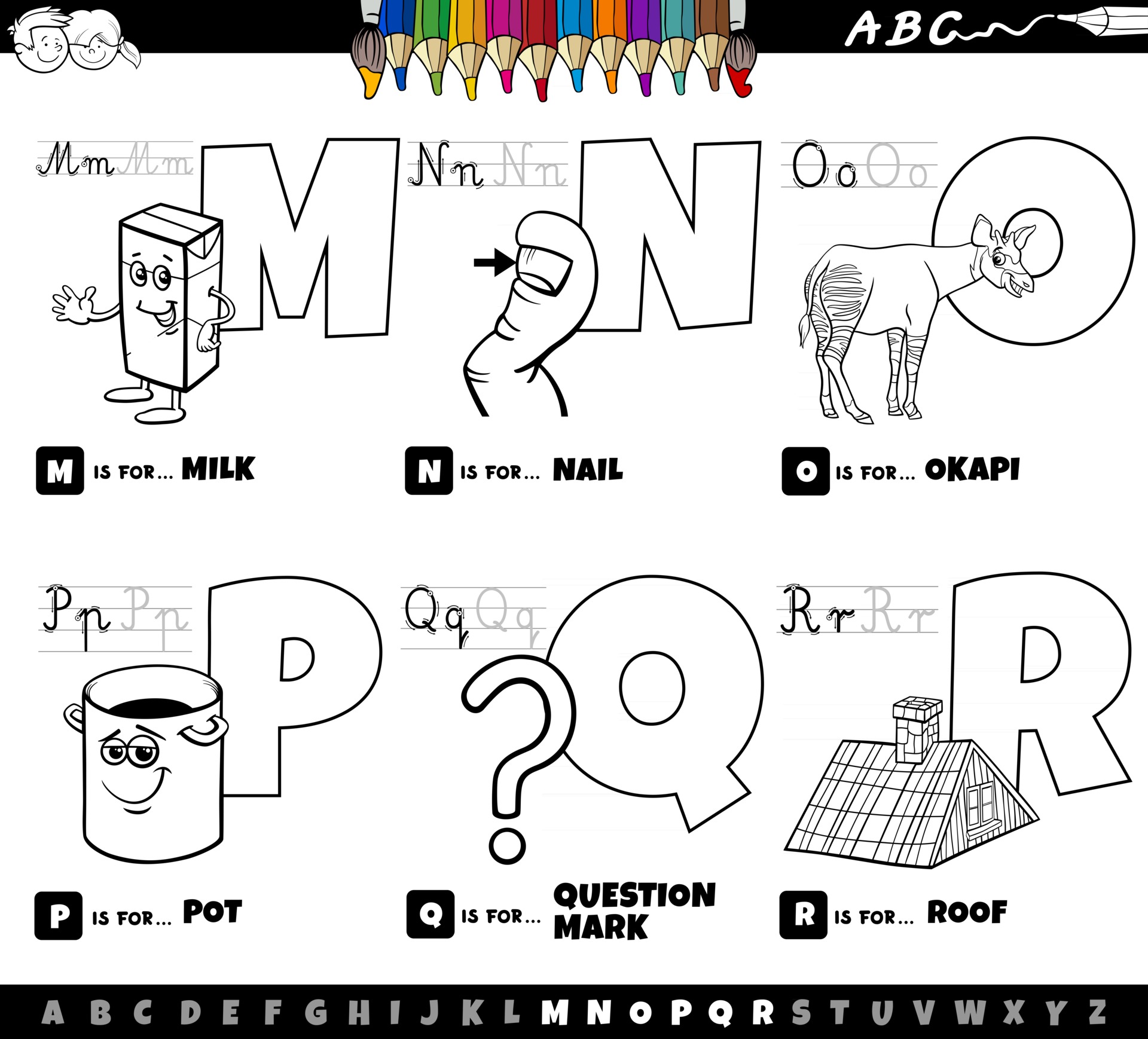 Cartoon Alphabet Letters Set From M To R Coloring Book Page 2850750 cartoon-alphabet-letters-set-from-m-to-r-coloring-book-page-2850750