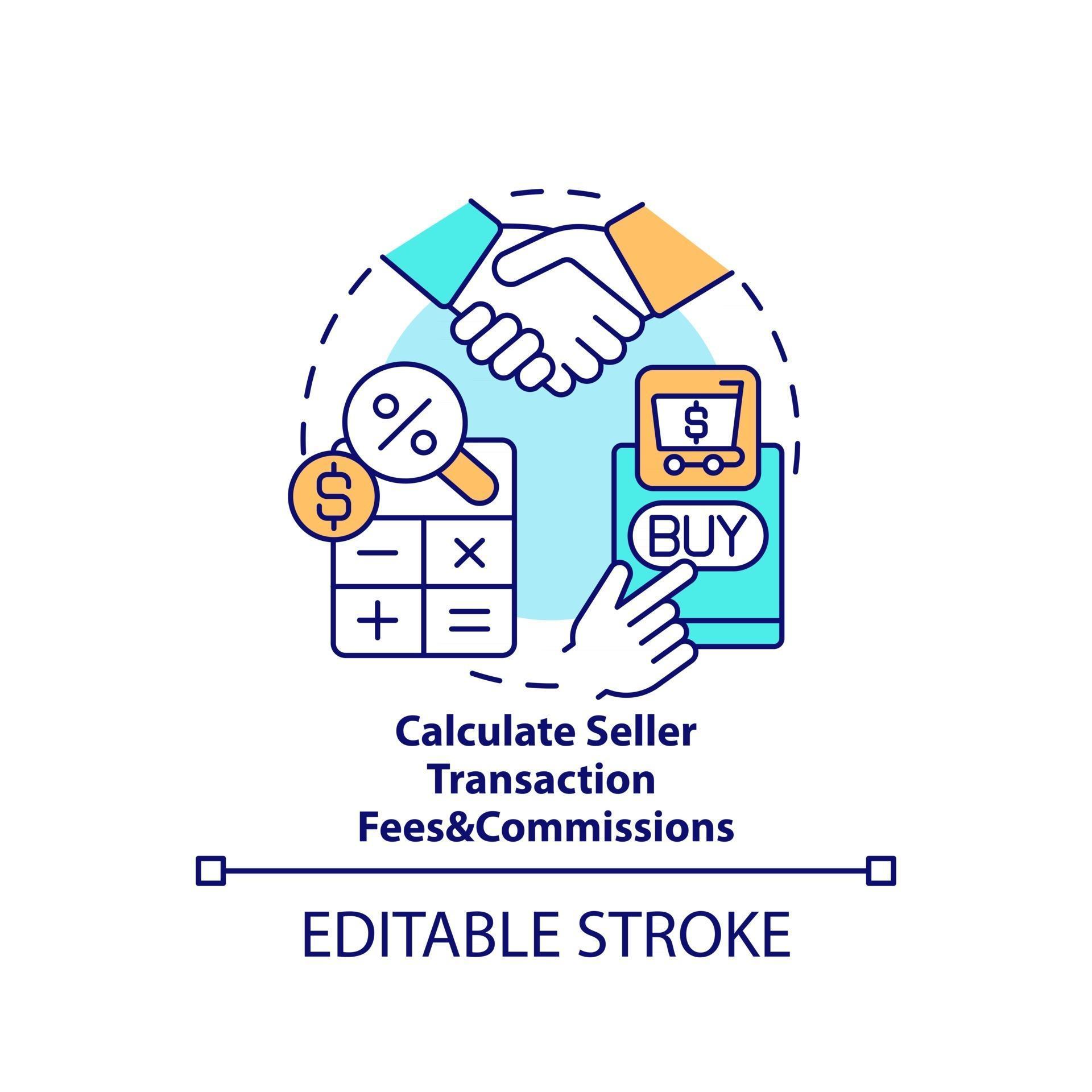 Calculate seller transaction fees and commissions concept icon. Payment ... Calculate seller transaction fees and commissions concept icon. Payment ...