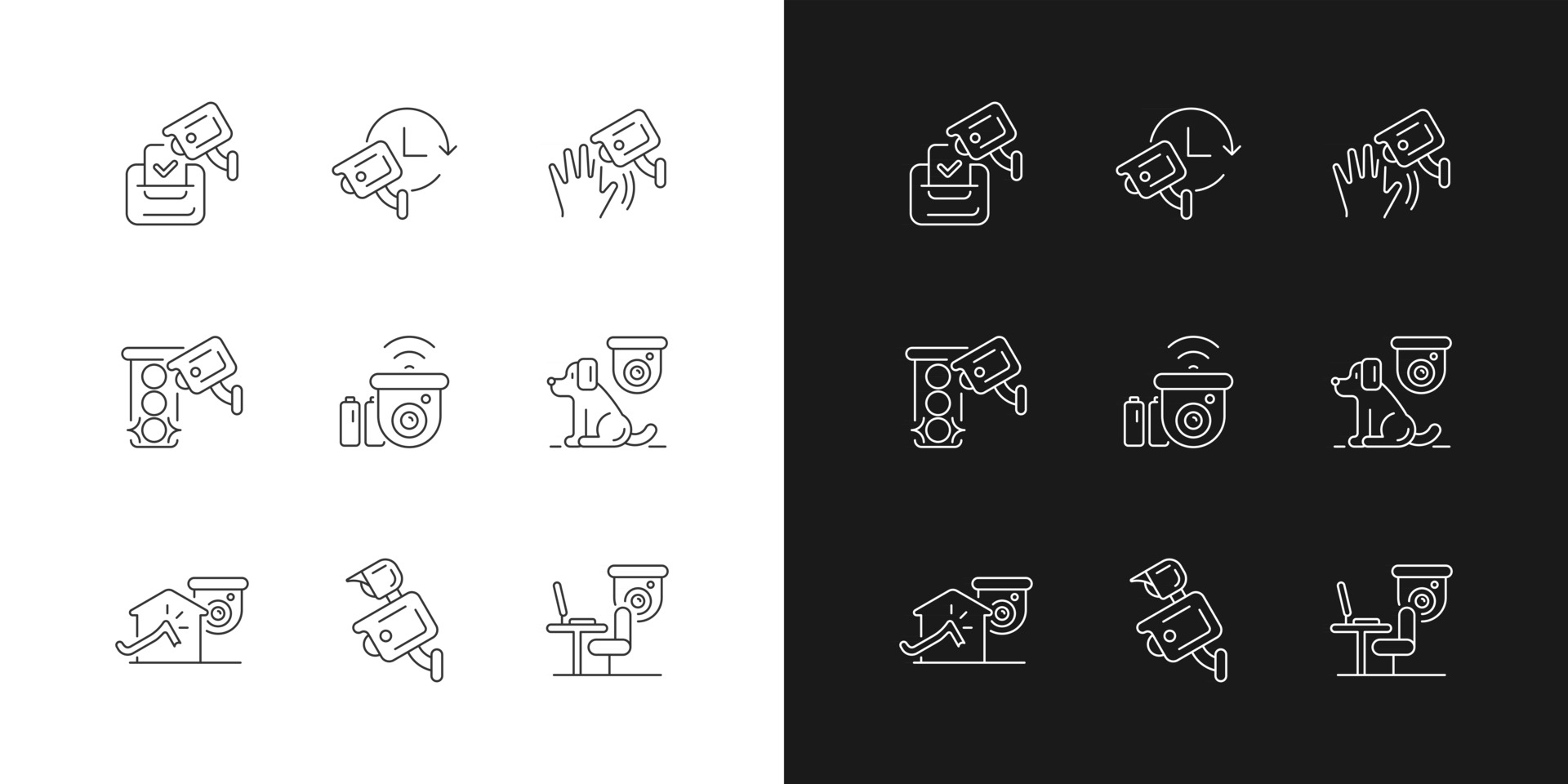 Surveillance camera usage linear icons set for dark and light mode ...