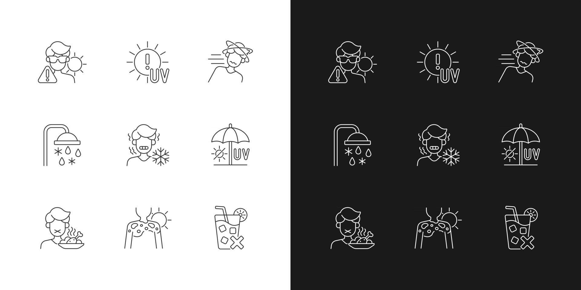 Heatstroke Risk During Summer Linear Icons Set For Dark And Light Mode Sunburn On Skin Avoid