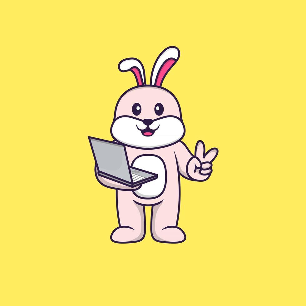 Cute rabbit holding laptop. Animal cartoon concept isolated. Can used ...