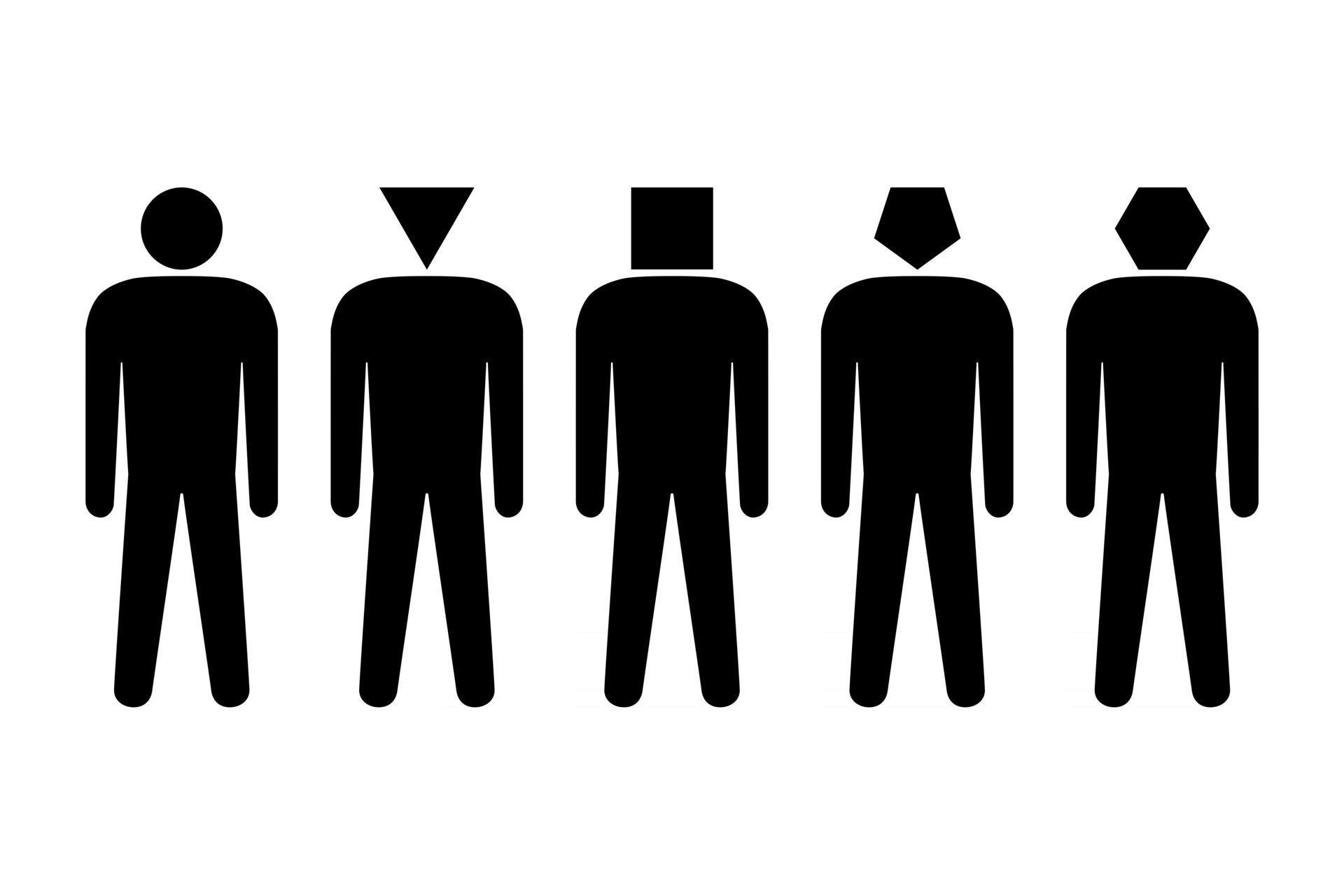Set of five people with different heads, conceptual scheme of several ... Set of five people with different heads, conceptual scheme of several ...