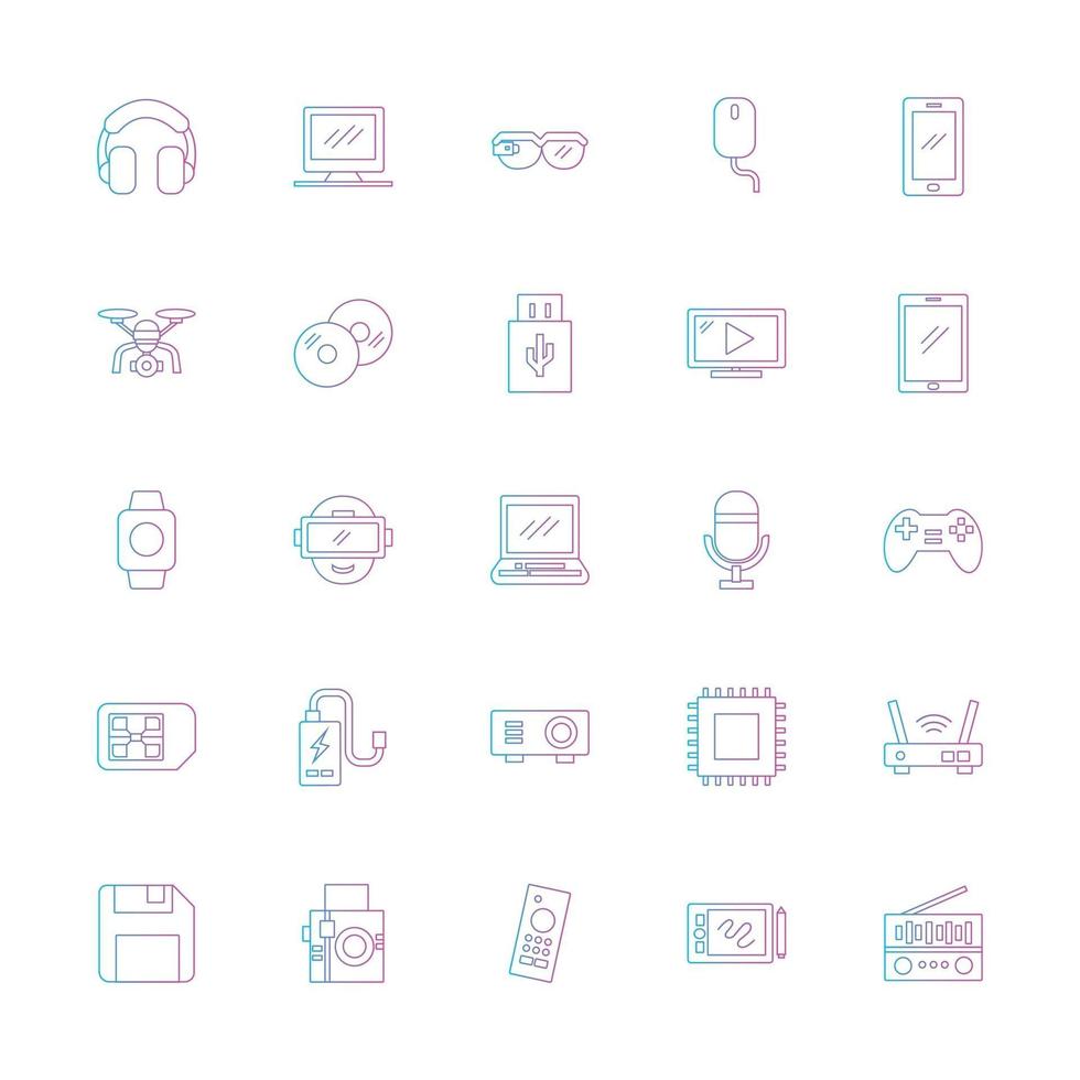 multimedia icon set with outline line style. technology device sign ...