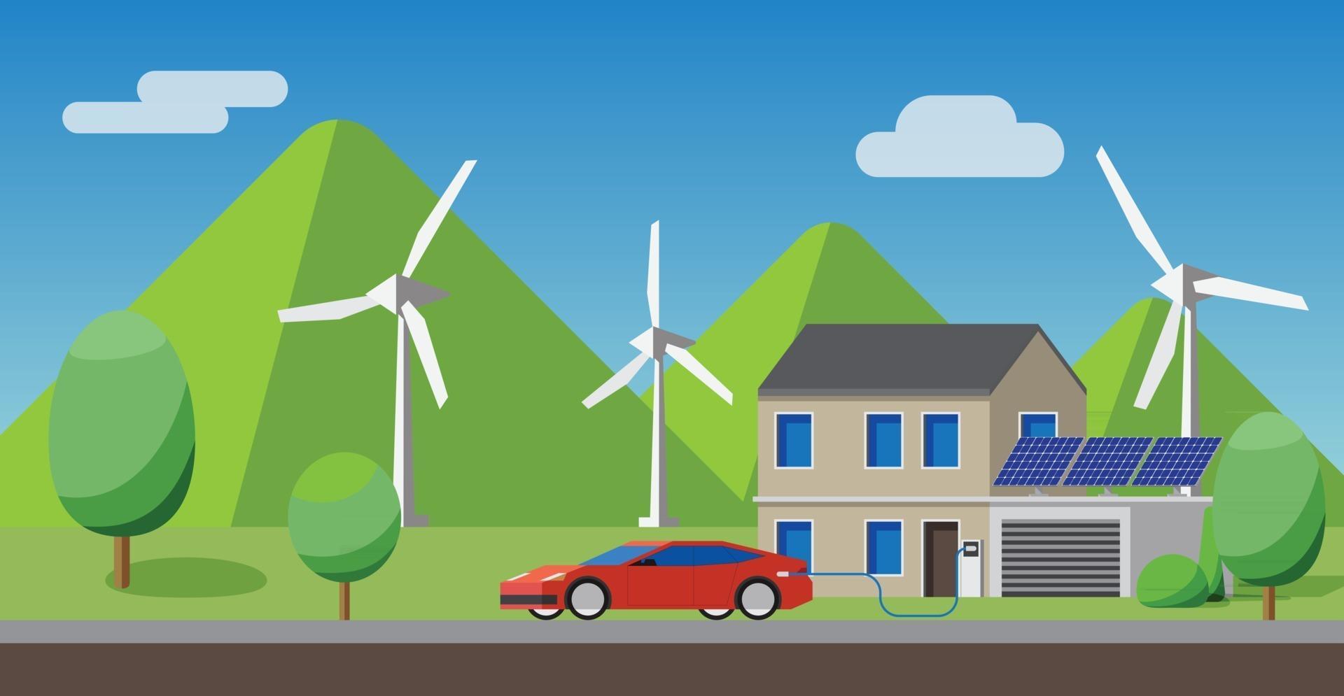 Electric Car Charging At The Charger At House Solar Panels Wind
