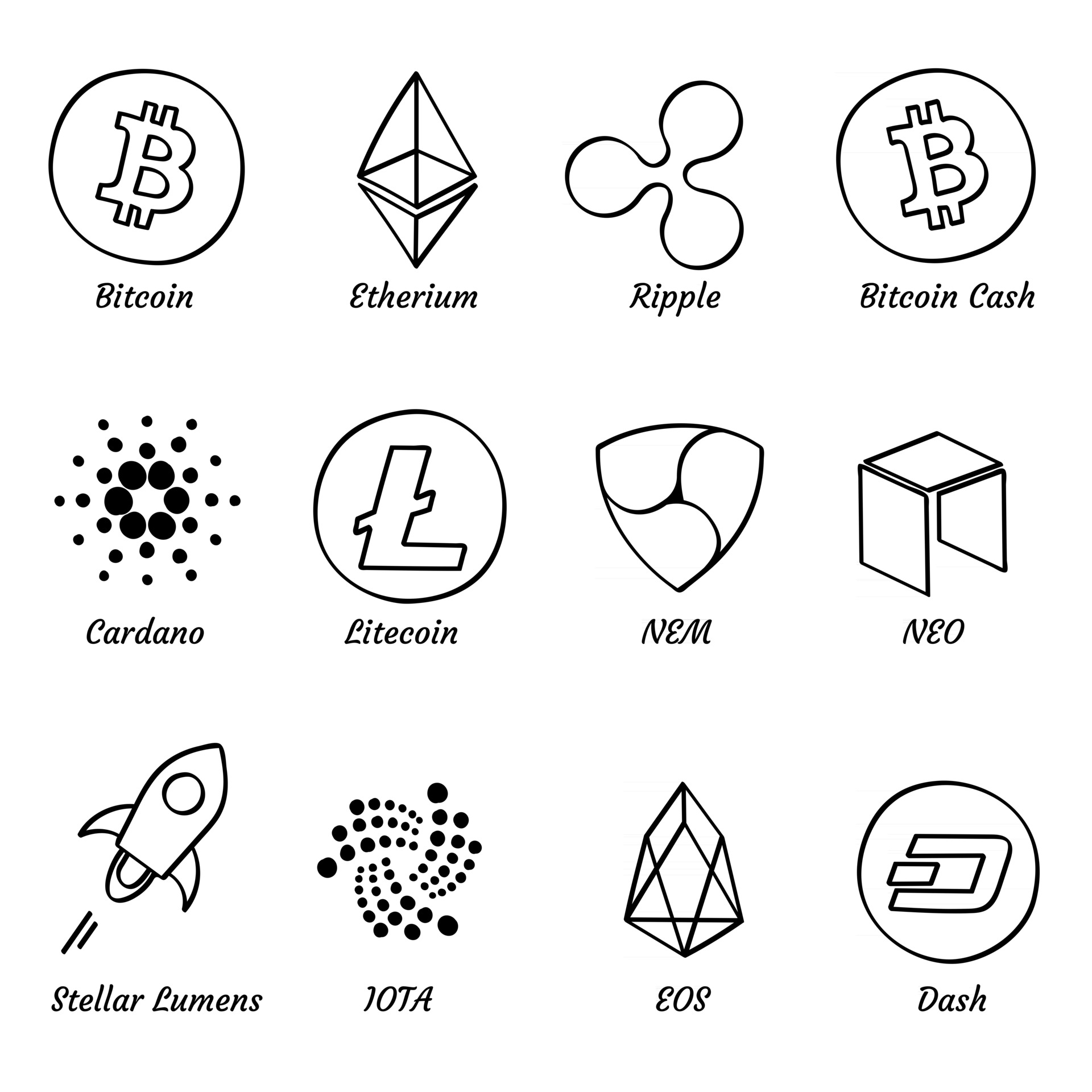 12 top hand drawn crypto currency set isolated on white background ... 12 top hand drawn crypto currency set isolated on white background ...