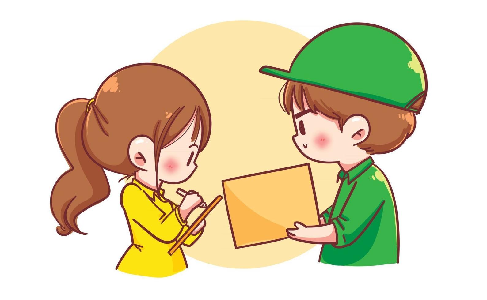 Repartidor Con Caja De Paquete Dar A Mujer Cliente Ilustración De Arte De Dibujos Animados