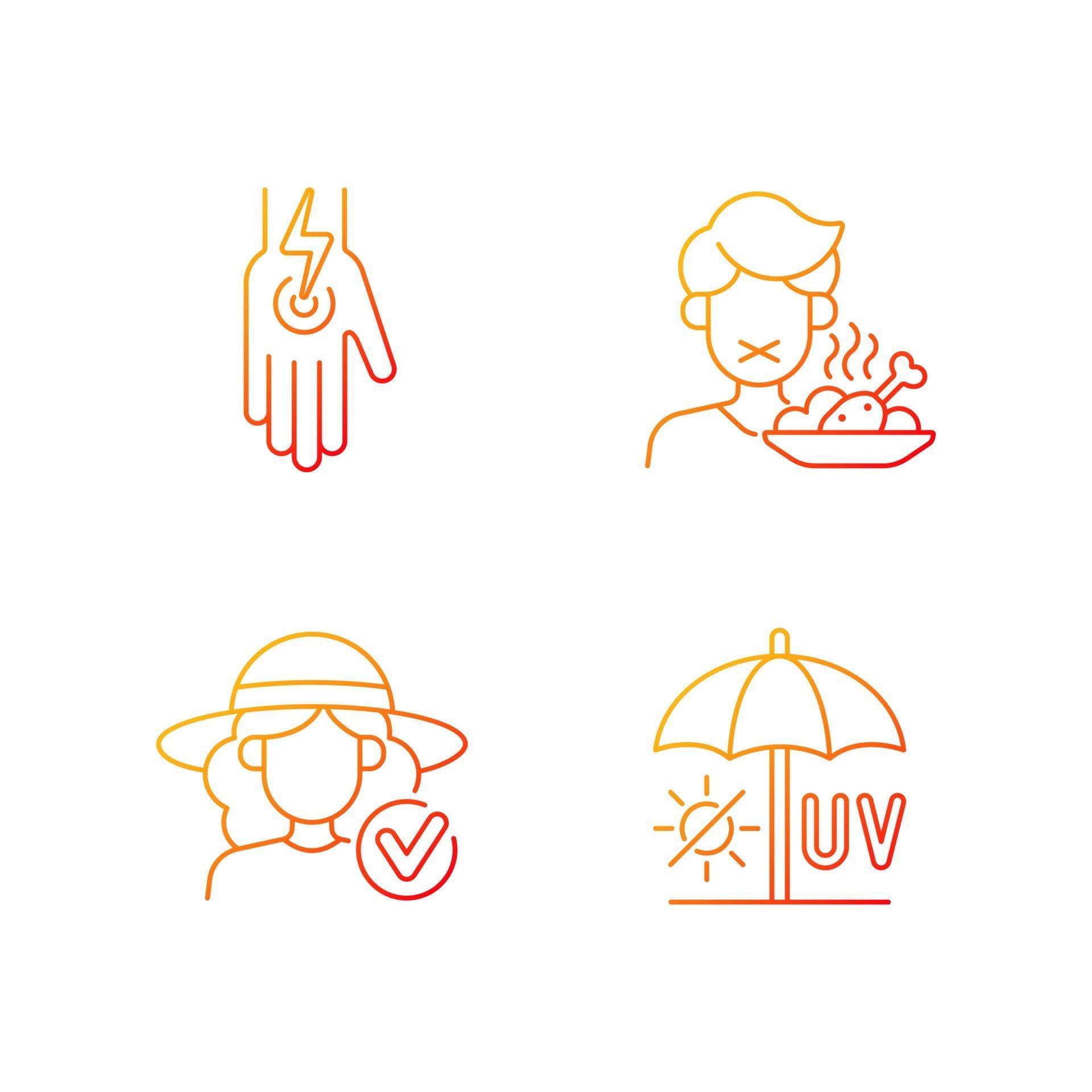 Sunstroke And Sunburn Gradient Linear Vector Icons Set Heatstroke Symptoms Cramp In Body