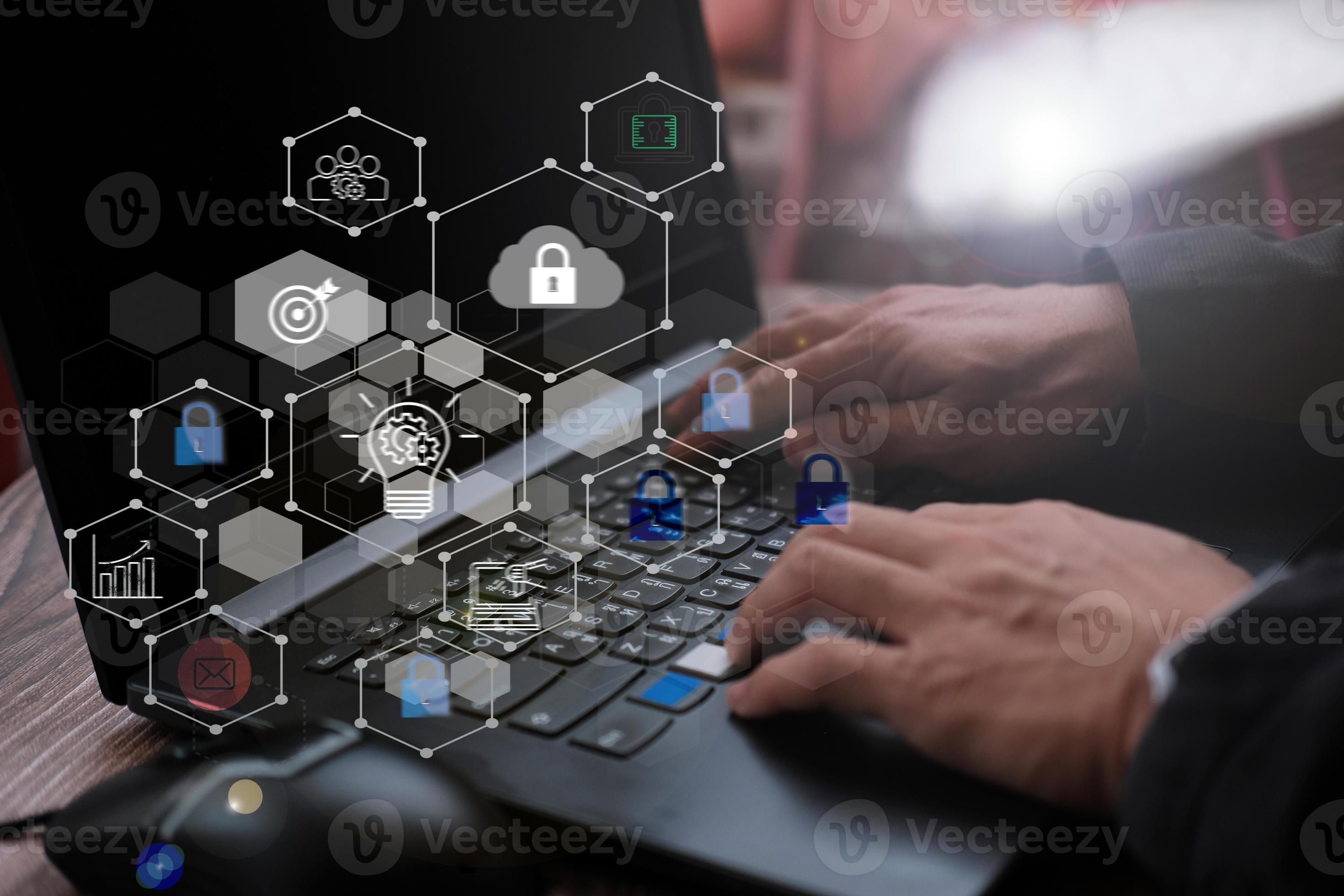 Businessman working laptop computer with big data analytics ...