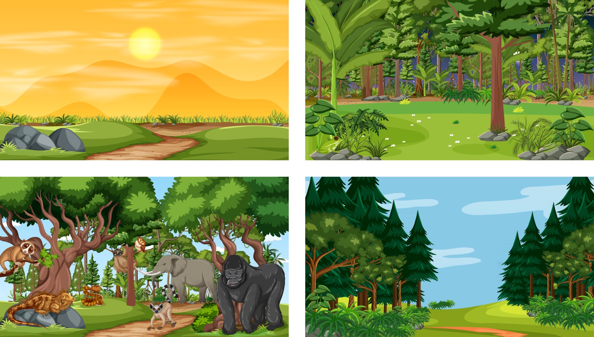 Set of different forest horizontal scene with various wild animals ...