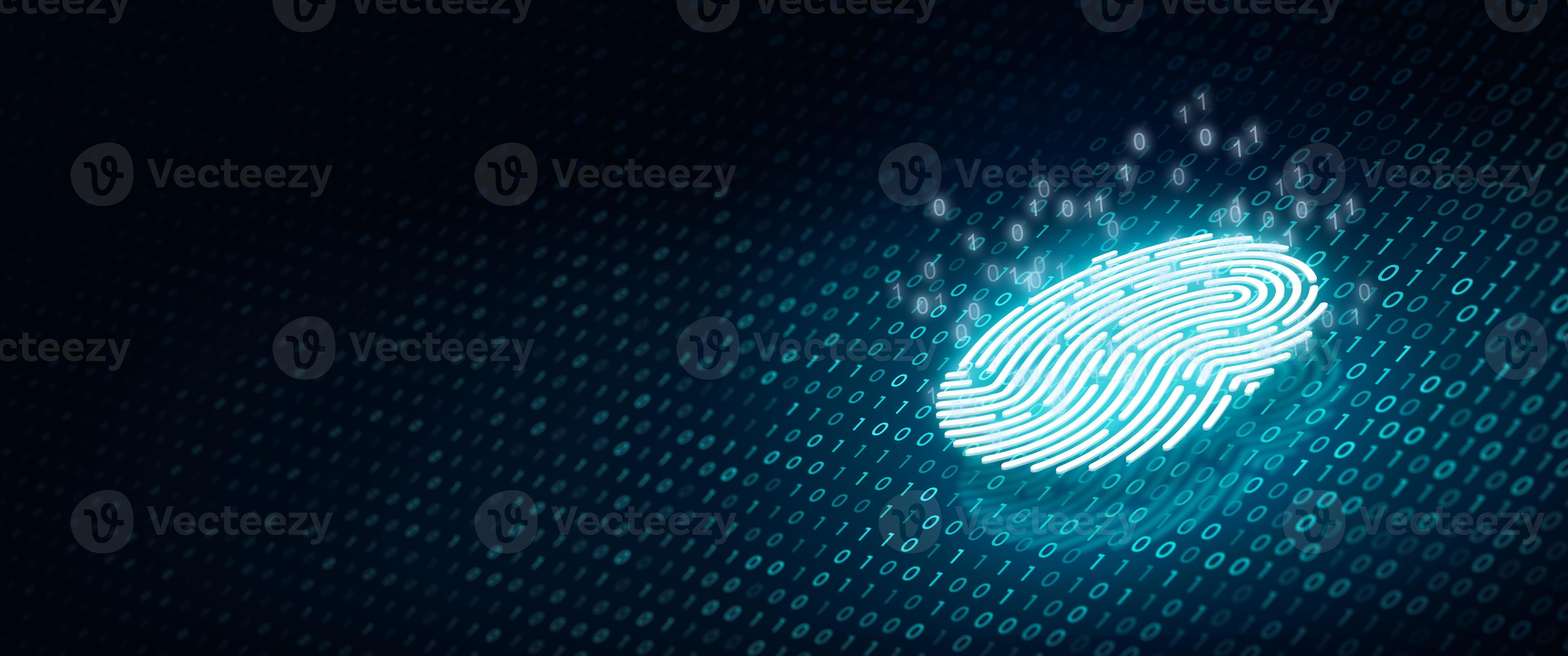 Fingerprint scan with binary code on deep blue colour background ...