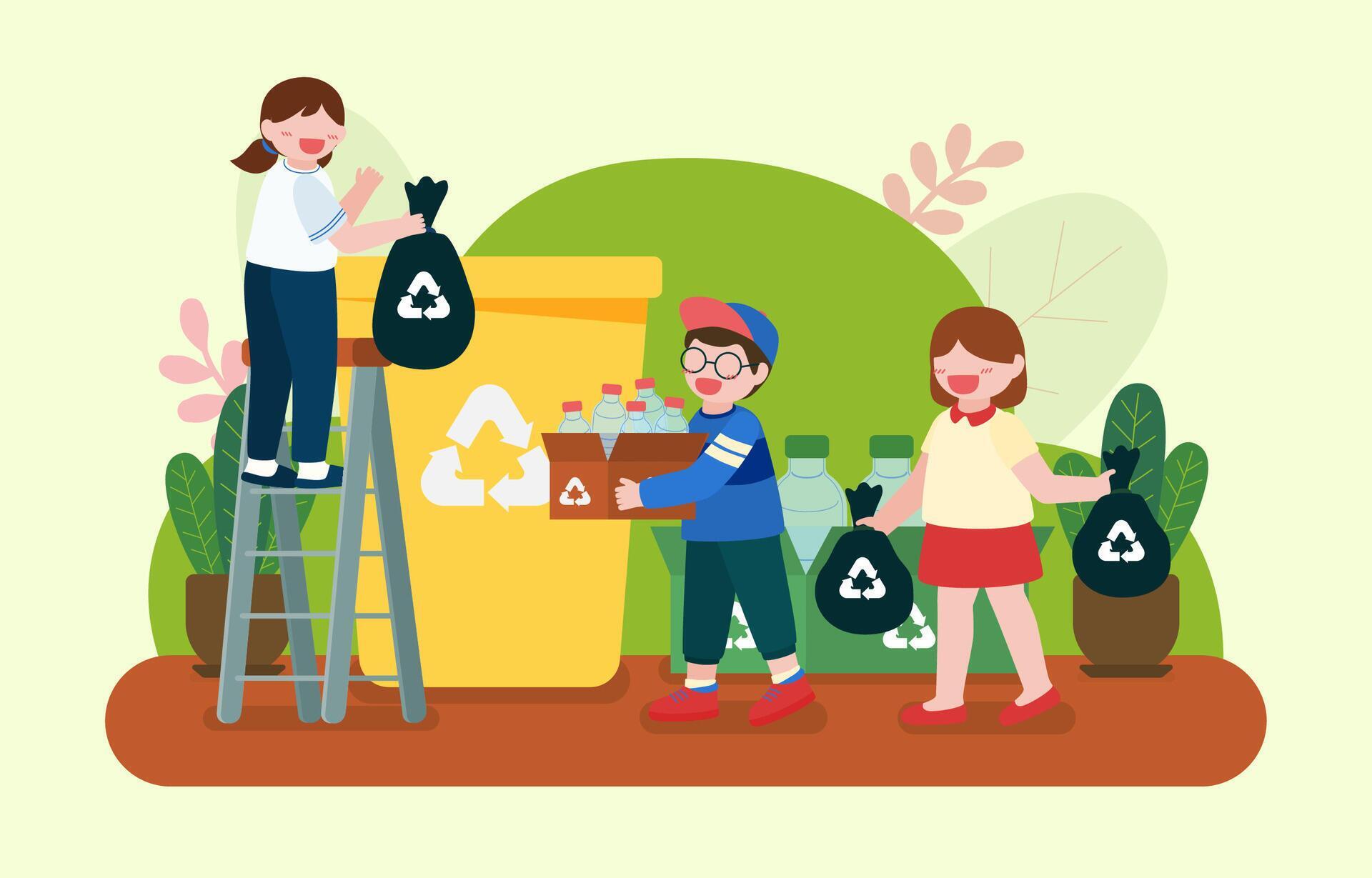 Niños Clasificando Botellas De Plástico Para Reciclar Vector De Dibujos