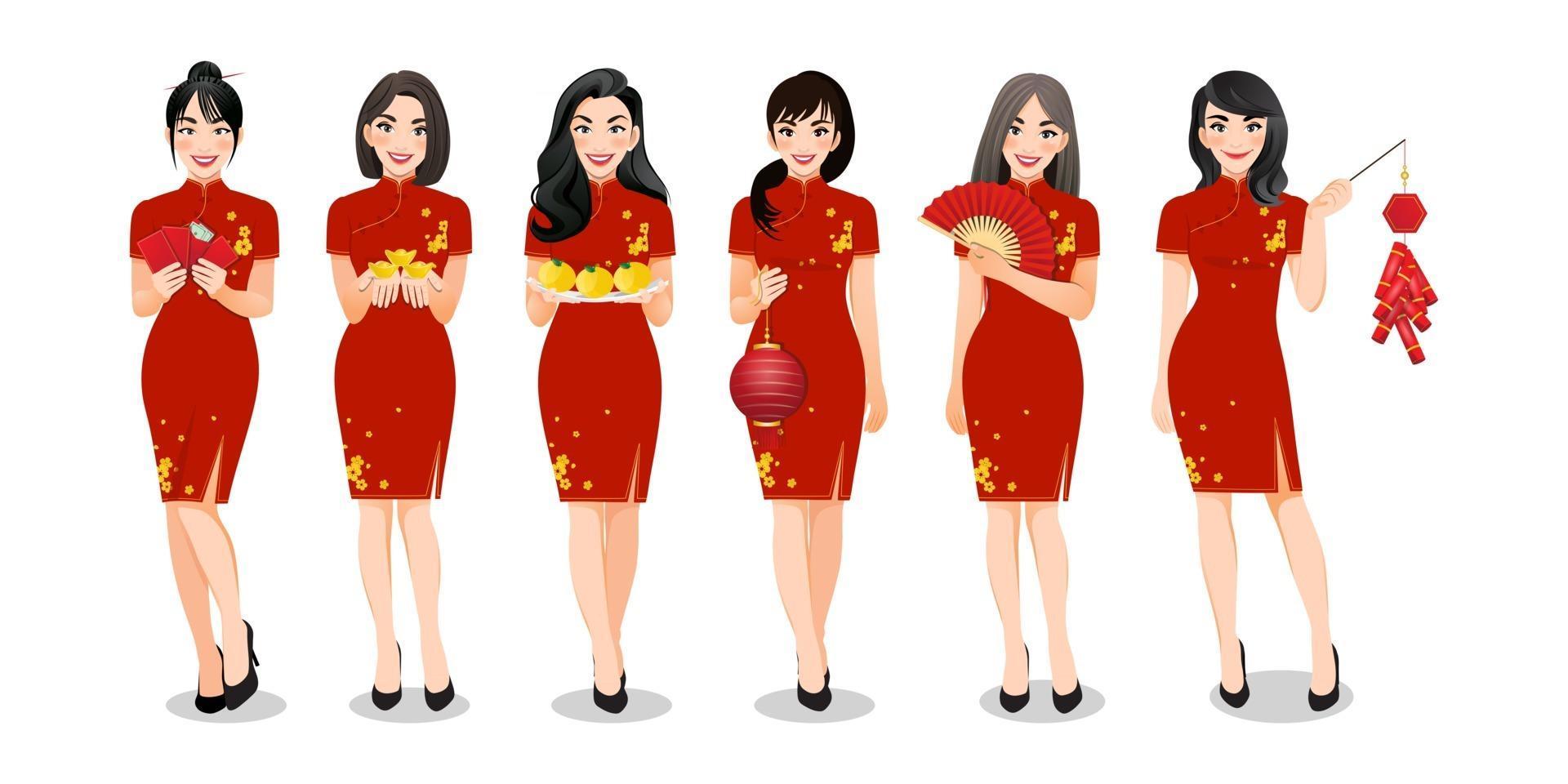 Grupo De Mujeres Chinas Con Elementos De Año Nuevo Chino En Ropa De Estilo Tradicional Y