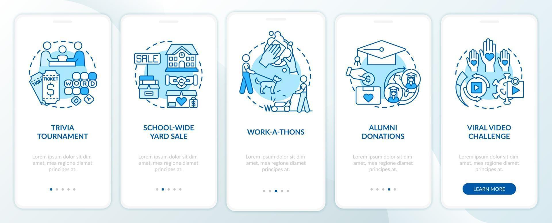 Money donation ideas onboarding mobile app page screen. School-wide yard sale walkthrough 5 ...