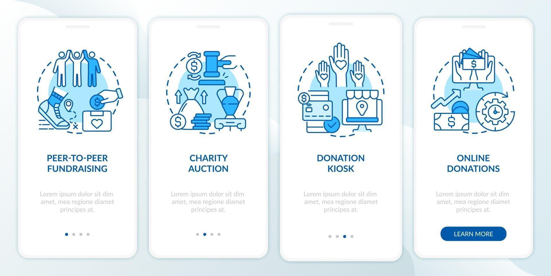 Charity event ideas onboarding mobile app page screen. Charitable sales walkthrough 4 steps ...