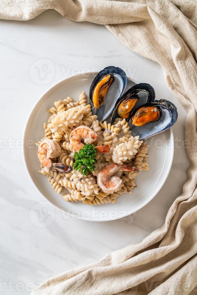 Spiral Pasta Mushroom Cream Sauce With Seafood Italian Food Style