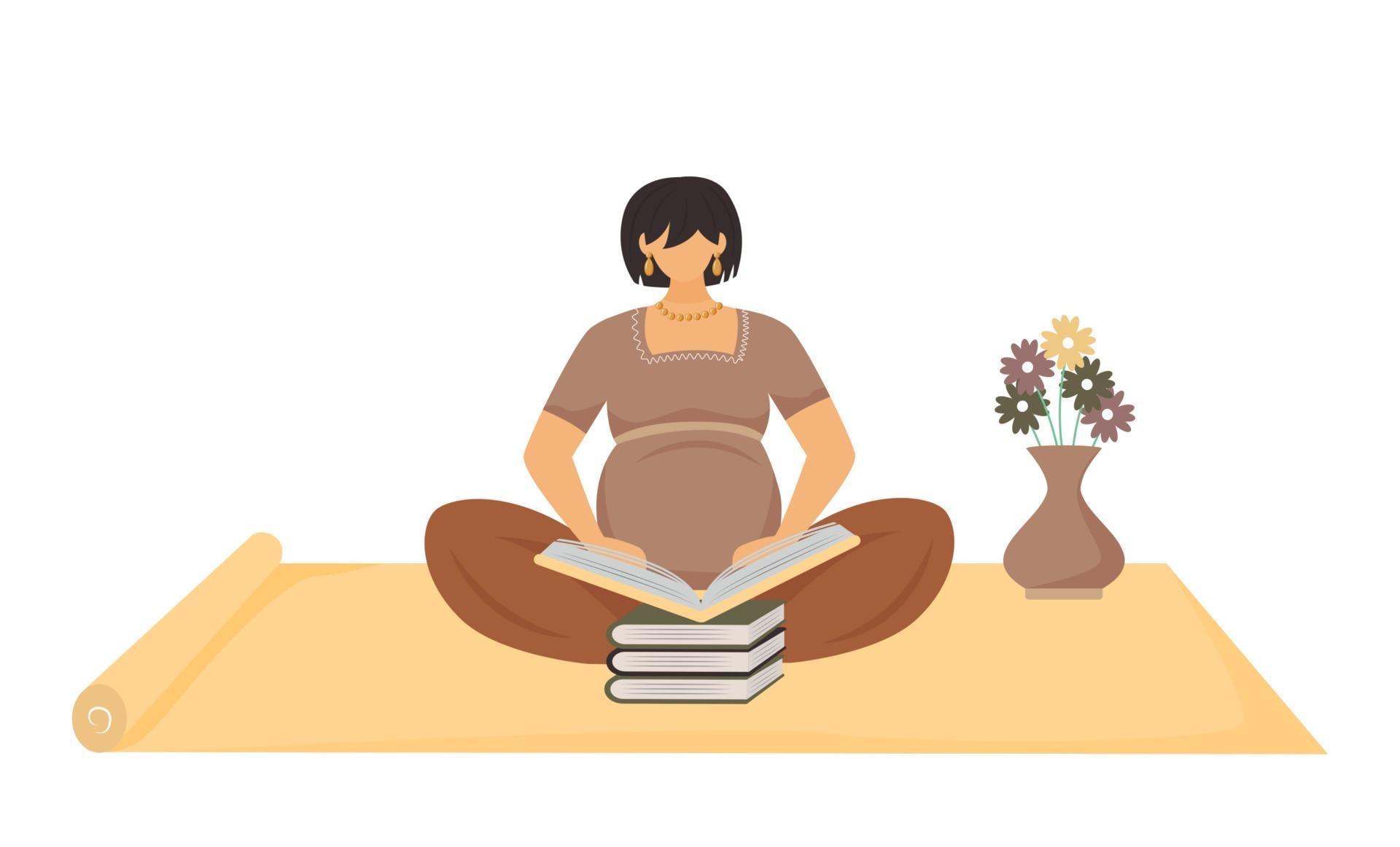 Pregnant Woman Reading Book Flat Vector Illustration Learning