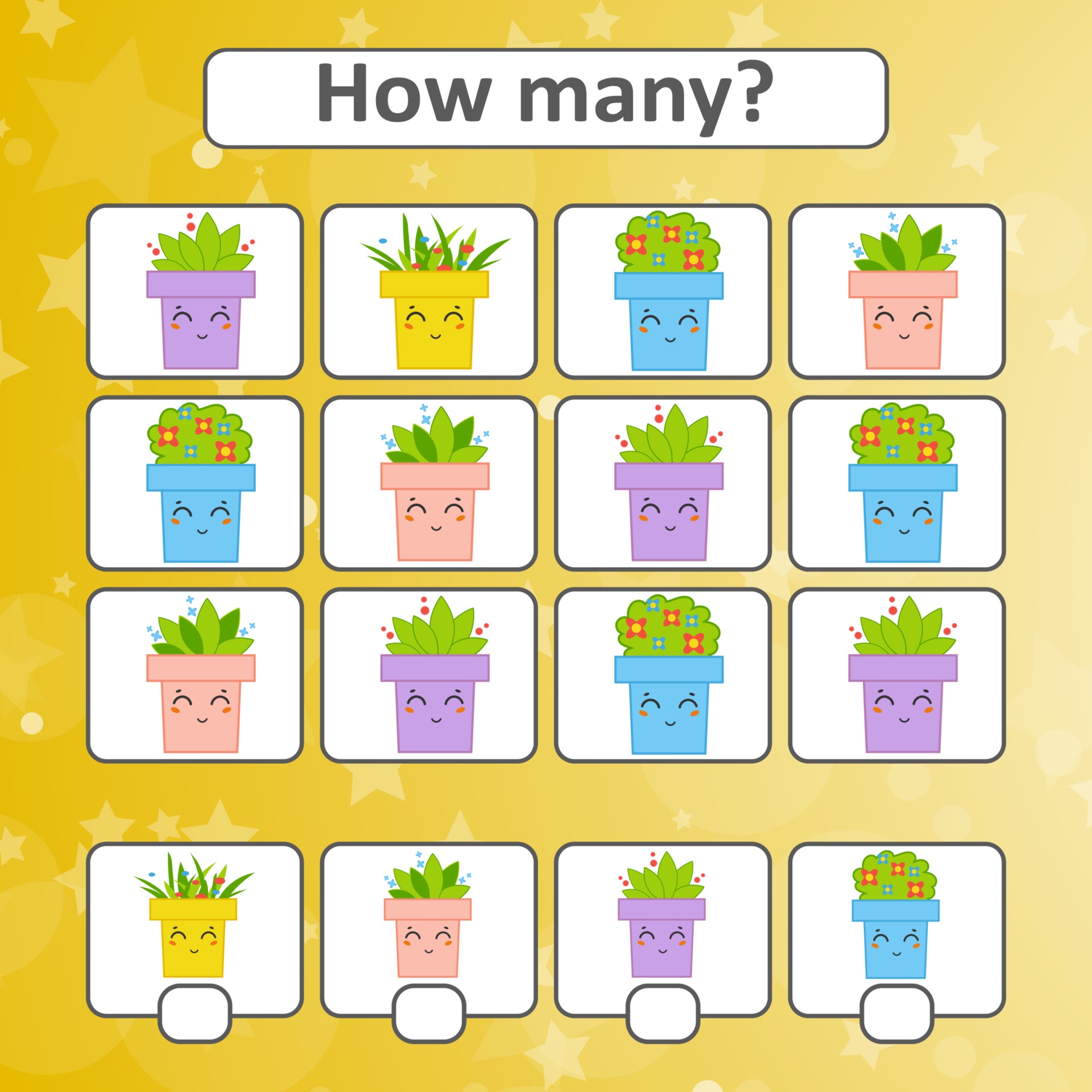 Game for preschool children. Count as many flower pots in the picture ...