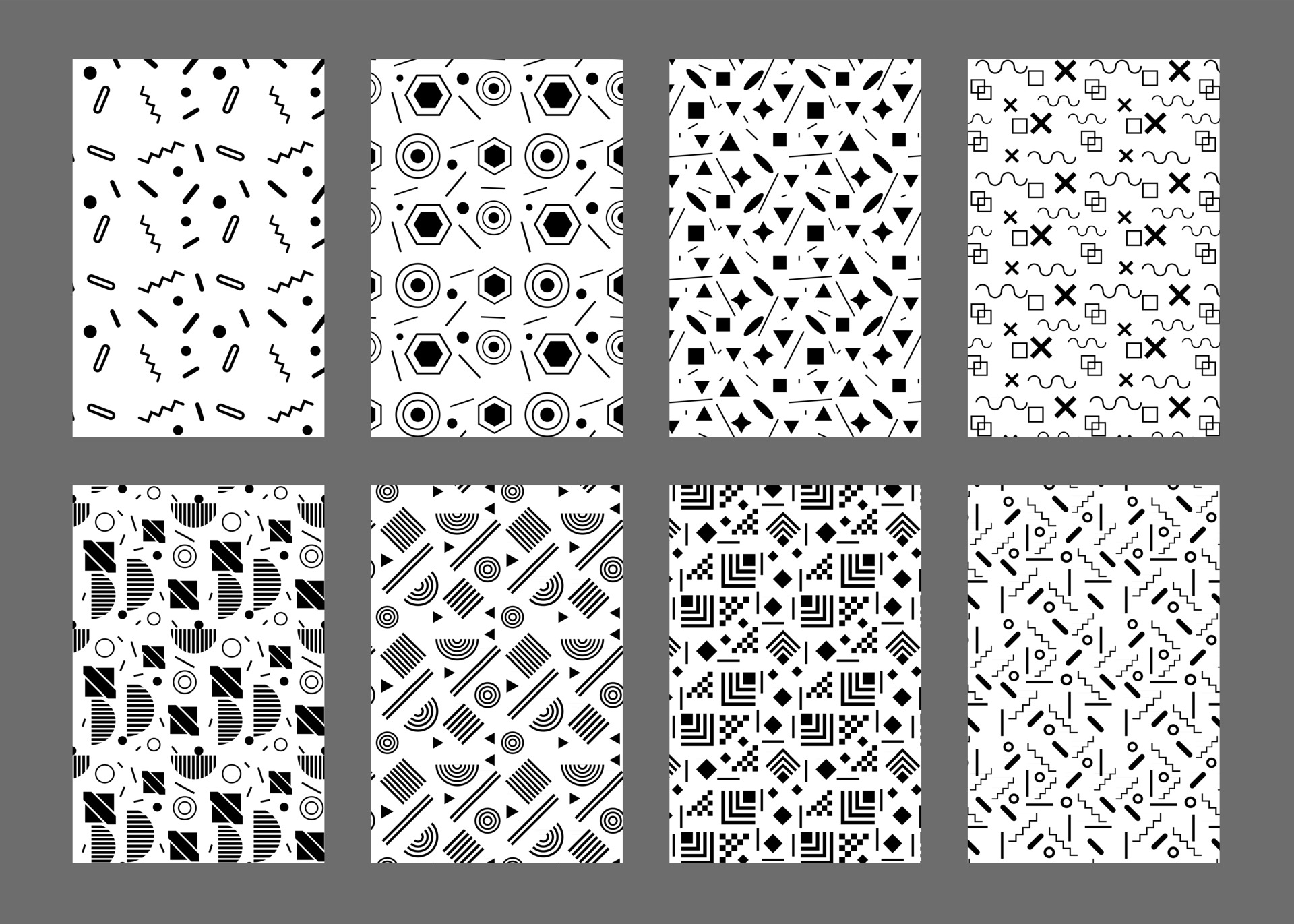 memphis vector seamless pattern swatches, black and white monochrome ...