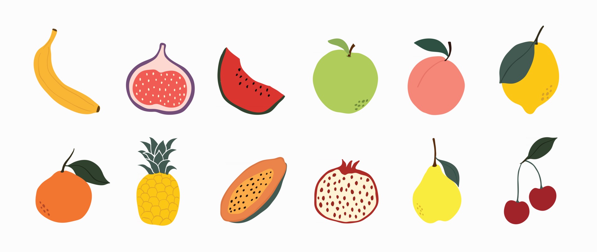 Set of colorful fruit icons vector. Hand drawn of banana, apple, pear ...