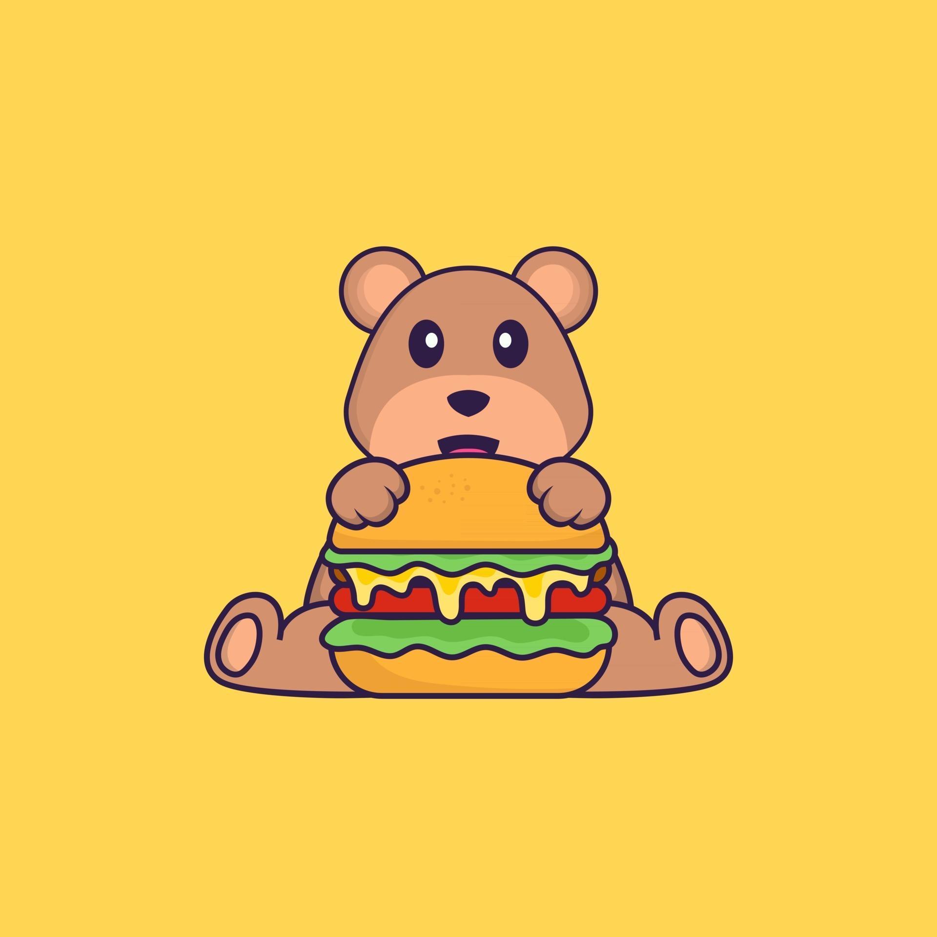 Lindo Oso Comiendo Hamburguesa Aislado Concepto De Dibujos Animados De