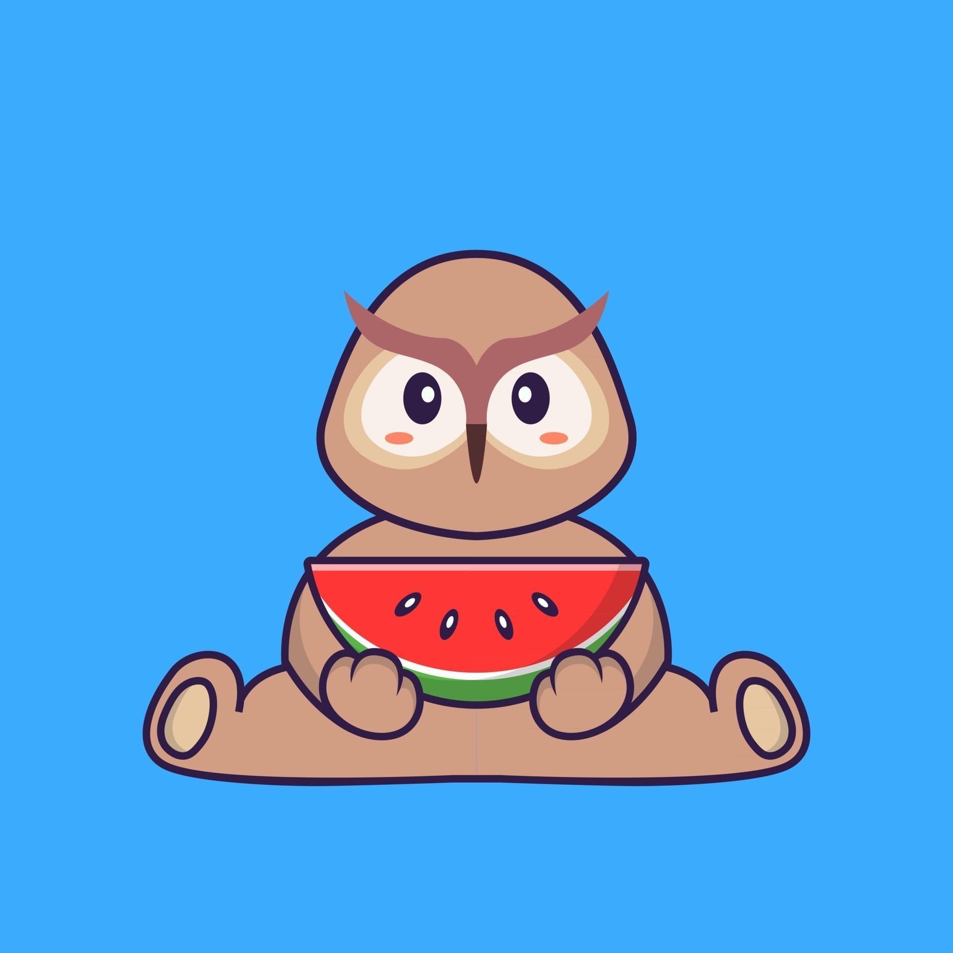 Lindo Búho Comiendo Sandía Aislado Concepto De Dibujos Animados De