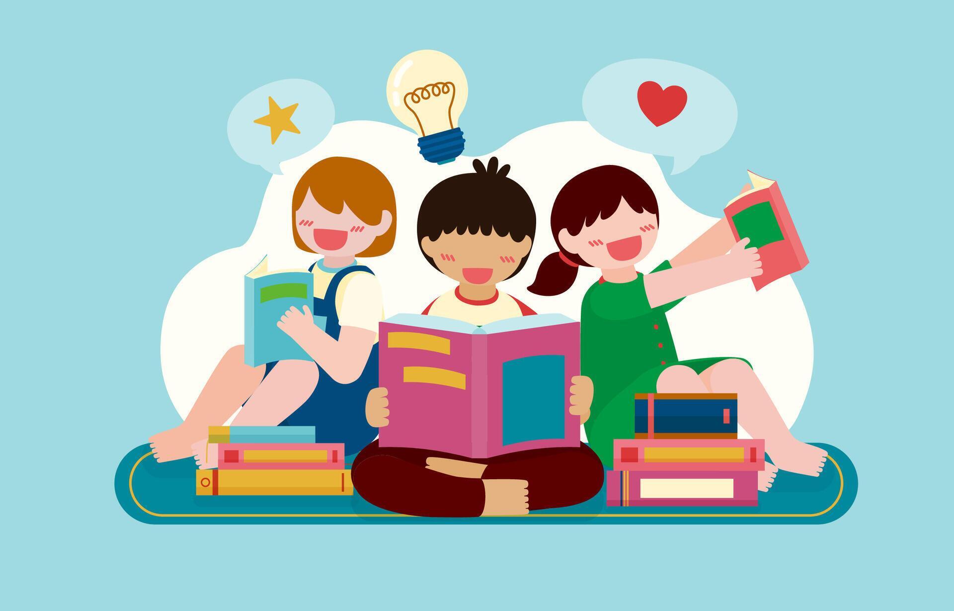 Ilustración De Vector De Personaje De Dibujos Animados Aislado Grande De Niños Lindos Leyendo