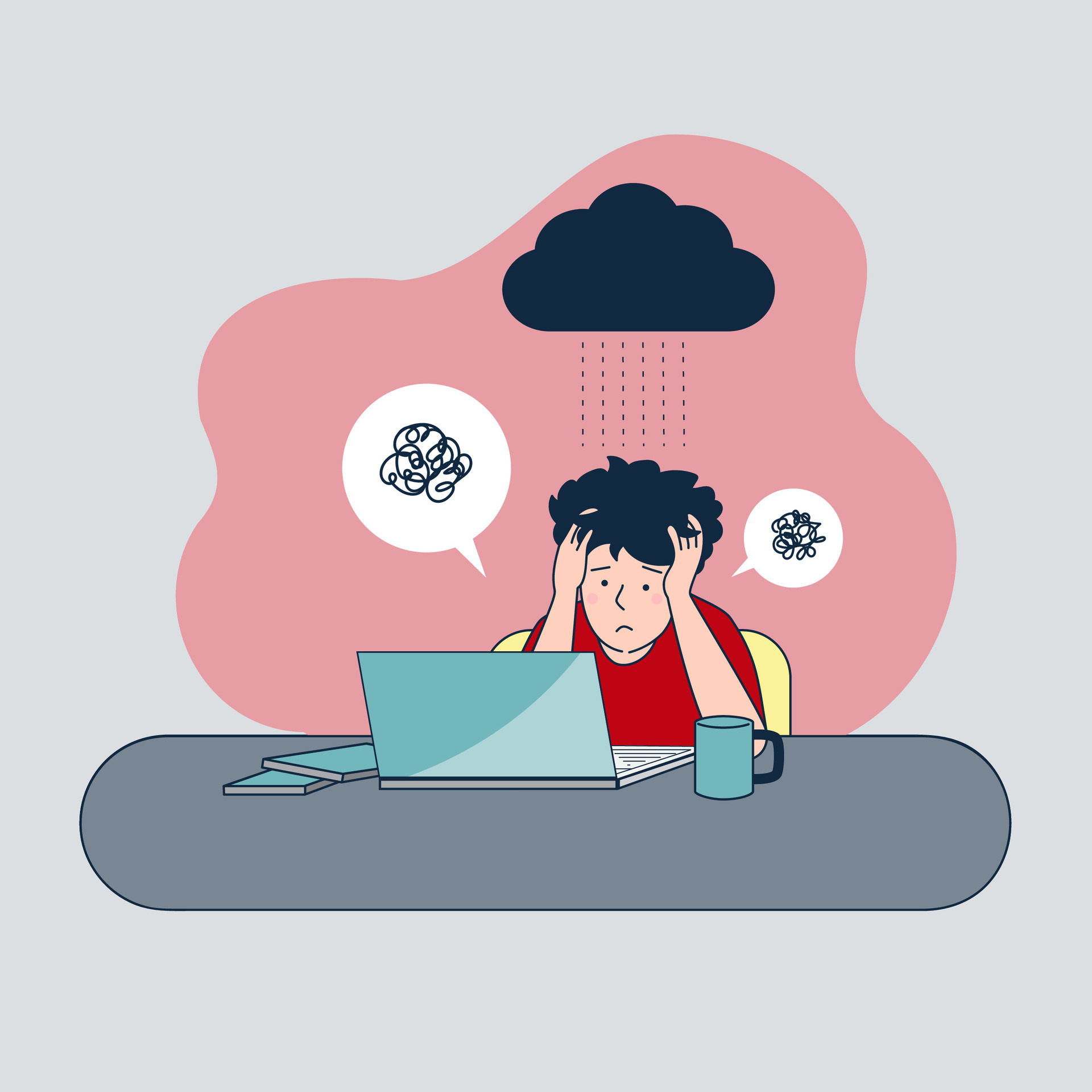 Big isolated Young man work on a table in laptop. Thinking creative and ...