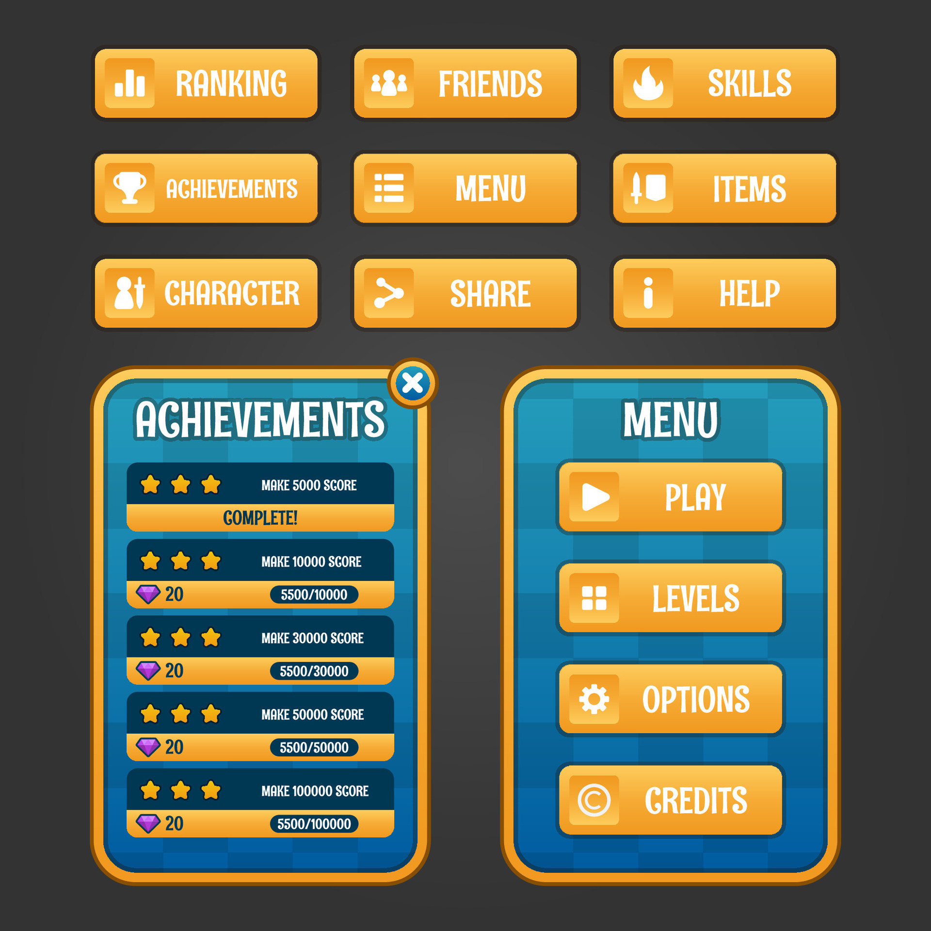 Vector game template gui kit. Game graphical user Interface GUI for ... Vector game template gui kit. Game graphical user Interface GUI for ...