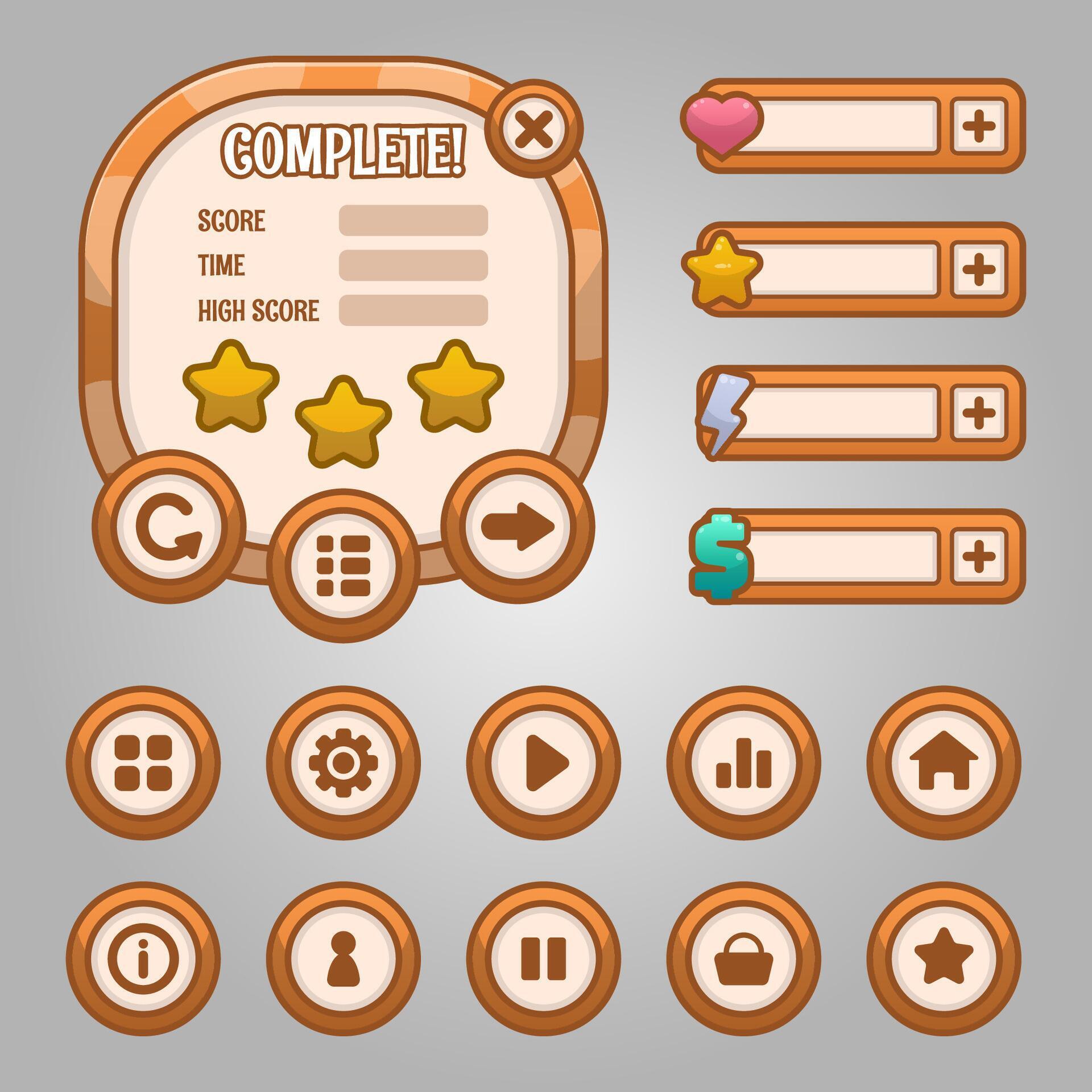 Vector game template gui kit. Game graphical user Interface GUI for build web and mobile games ...