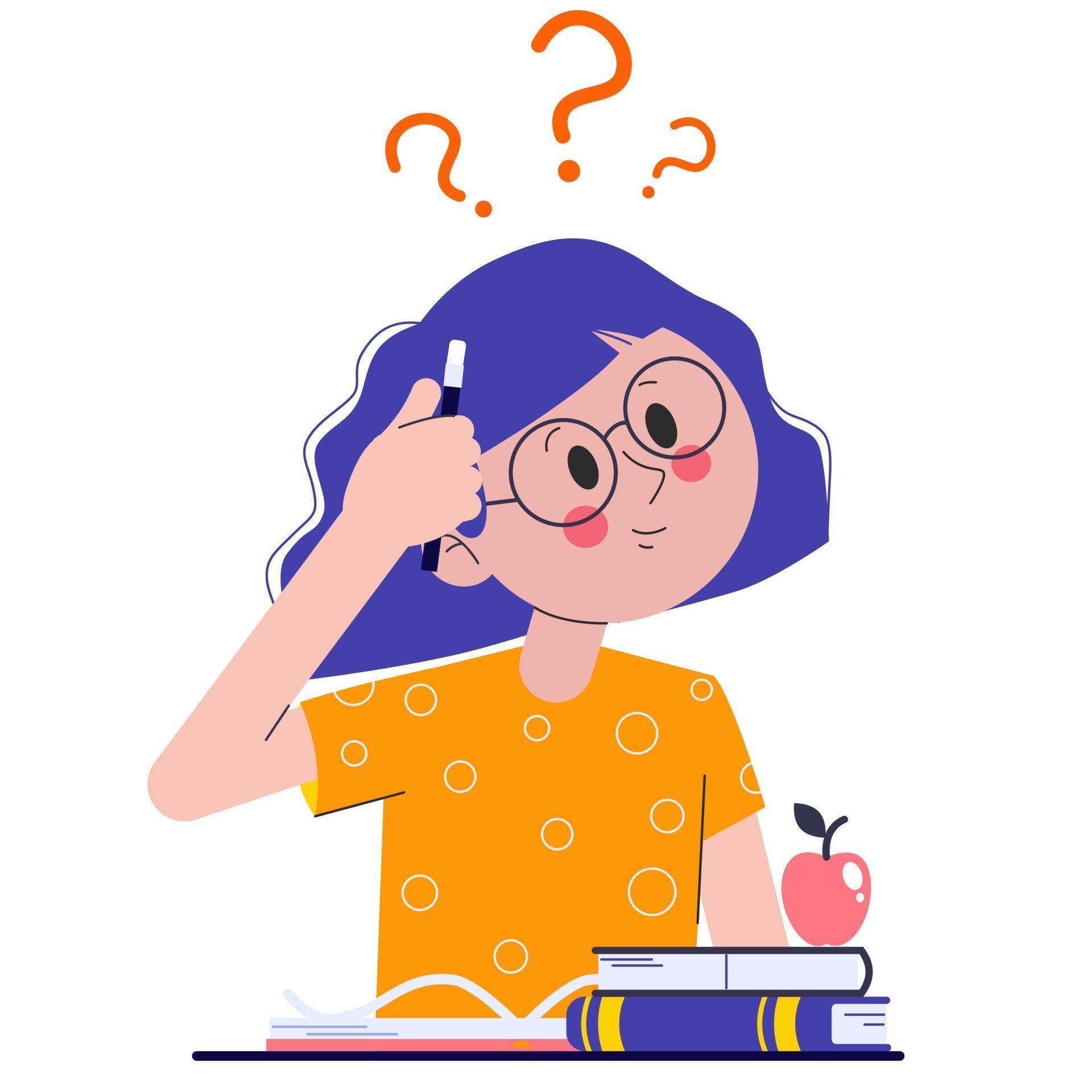 A schoolgirl in class or in an exam thinking about how to do her ...