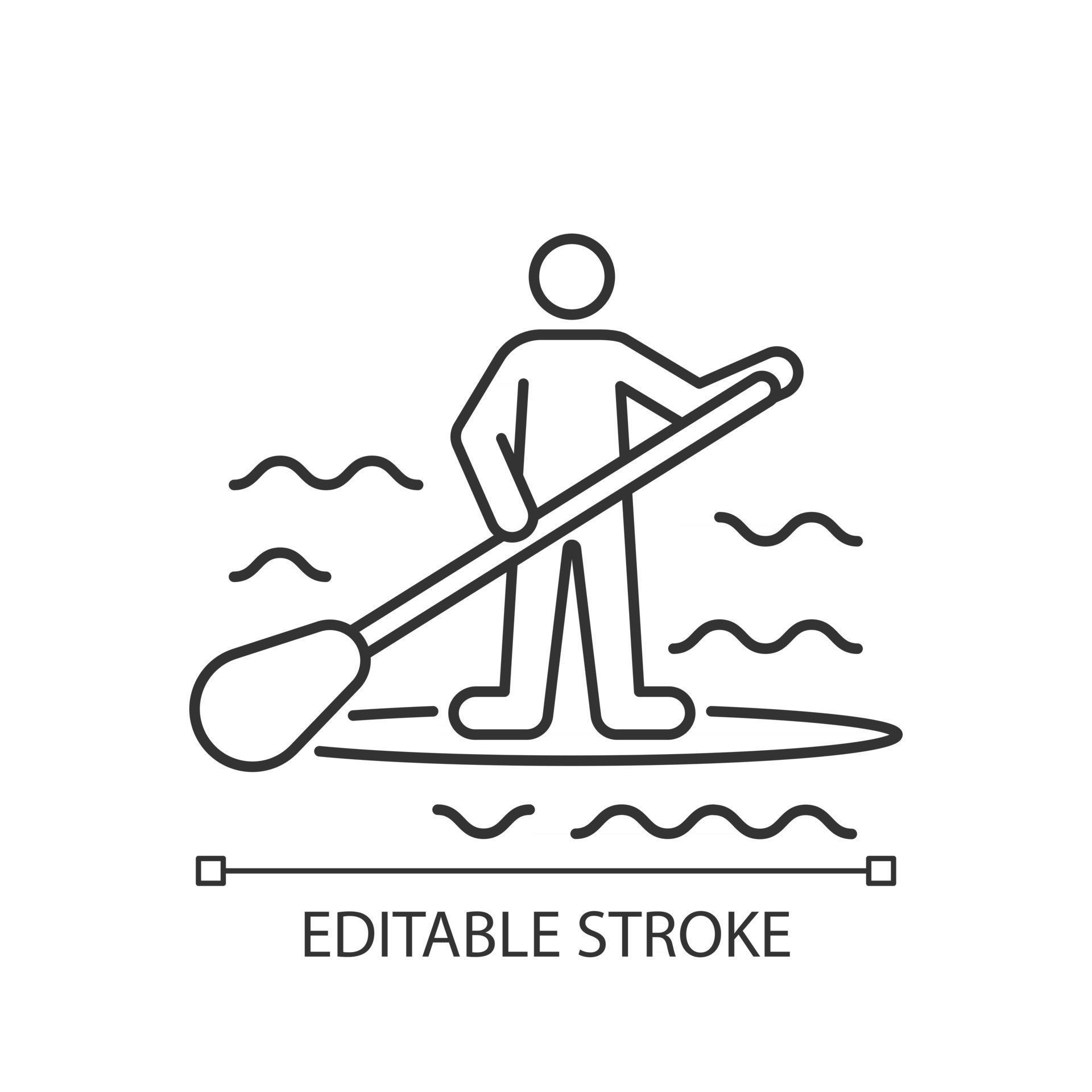 Paddle board surfing linear icon. SUP surfing. Upper body training. Require balance ...