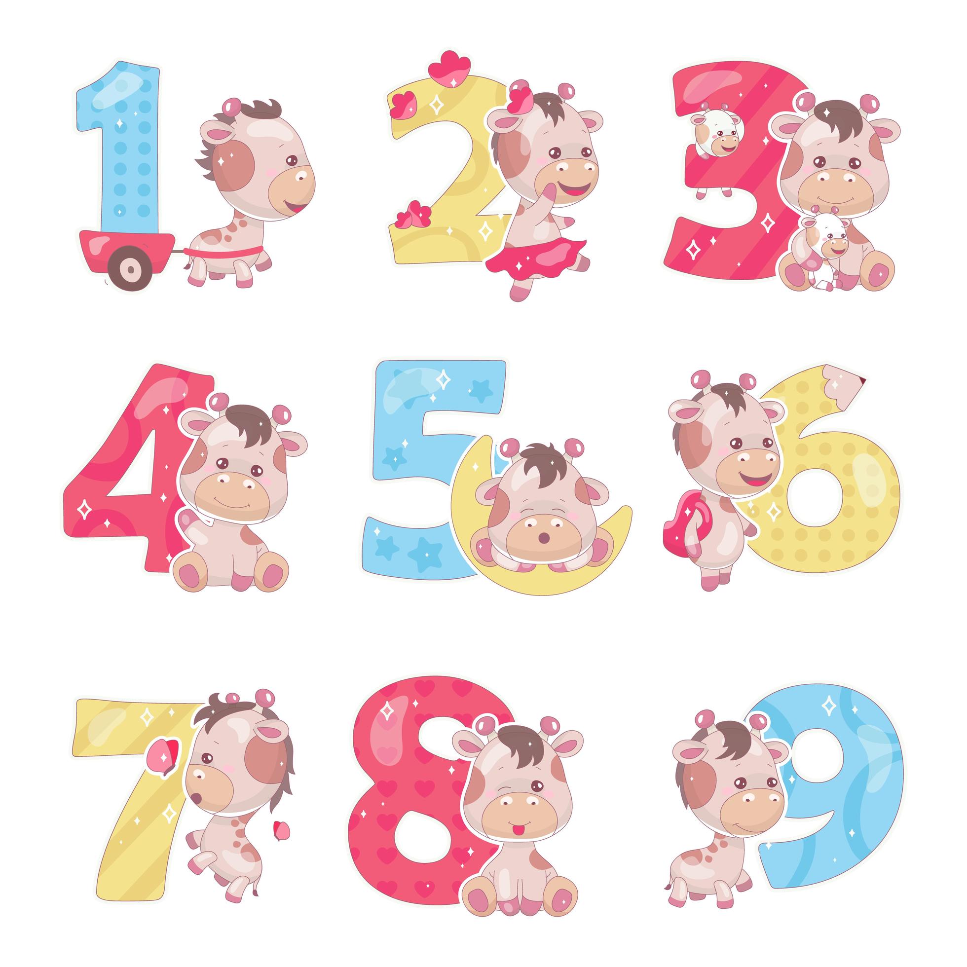 Cute numbers with baby giraffe cartoon illustrations set. School math ...